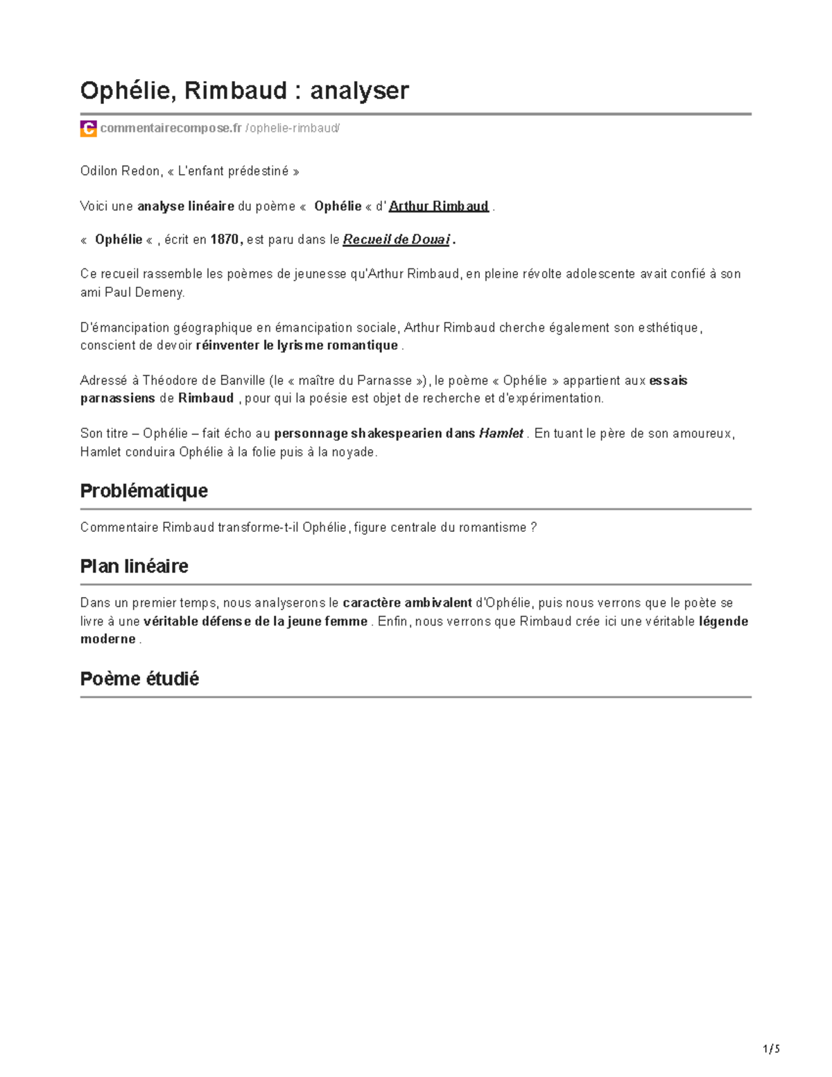 Analyse littéraire du poème "Ophélie" d'Arthur Rimbaud (FR-ANL-100 ...