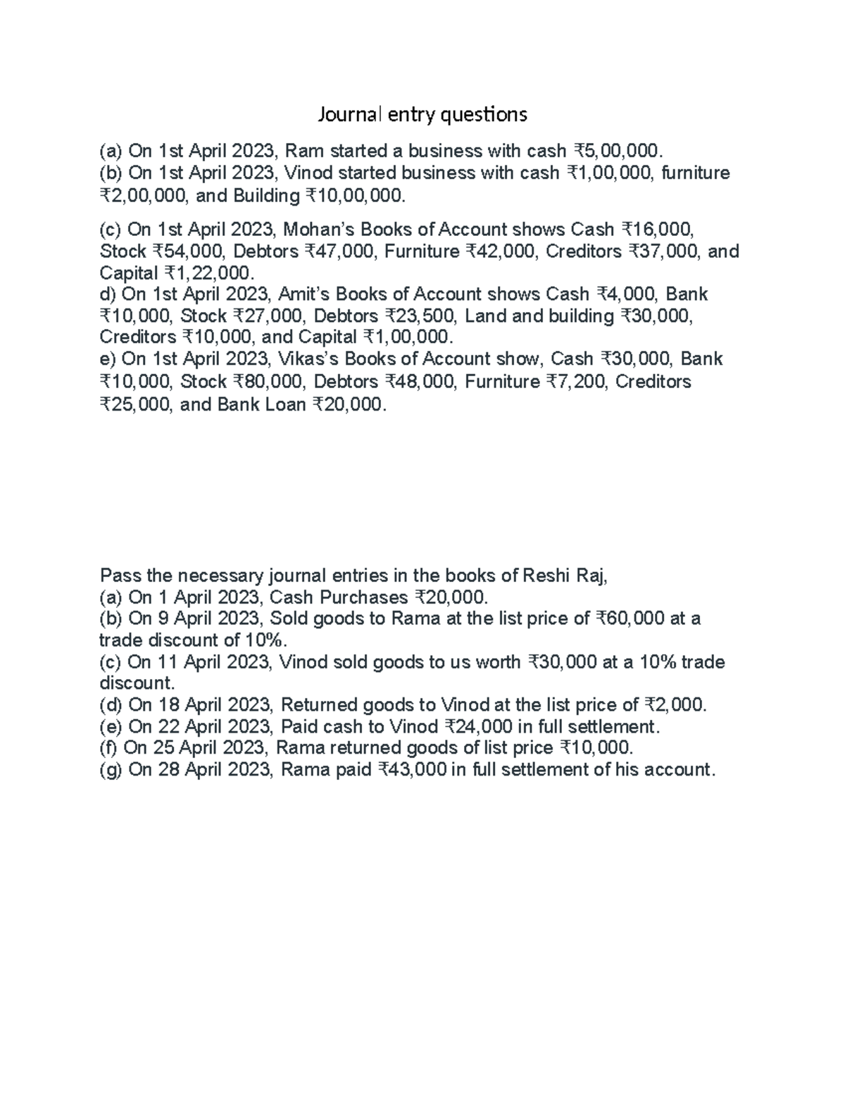 Journal Entry Questions for Accounting - 2023 Analysis - Studocu