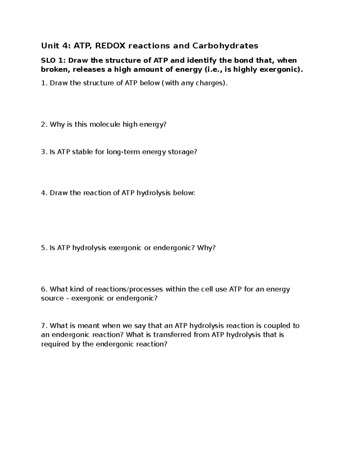 Unit 4: ATP Structure, Redox Reactions & Carbohydrates Study Guide ...