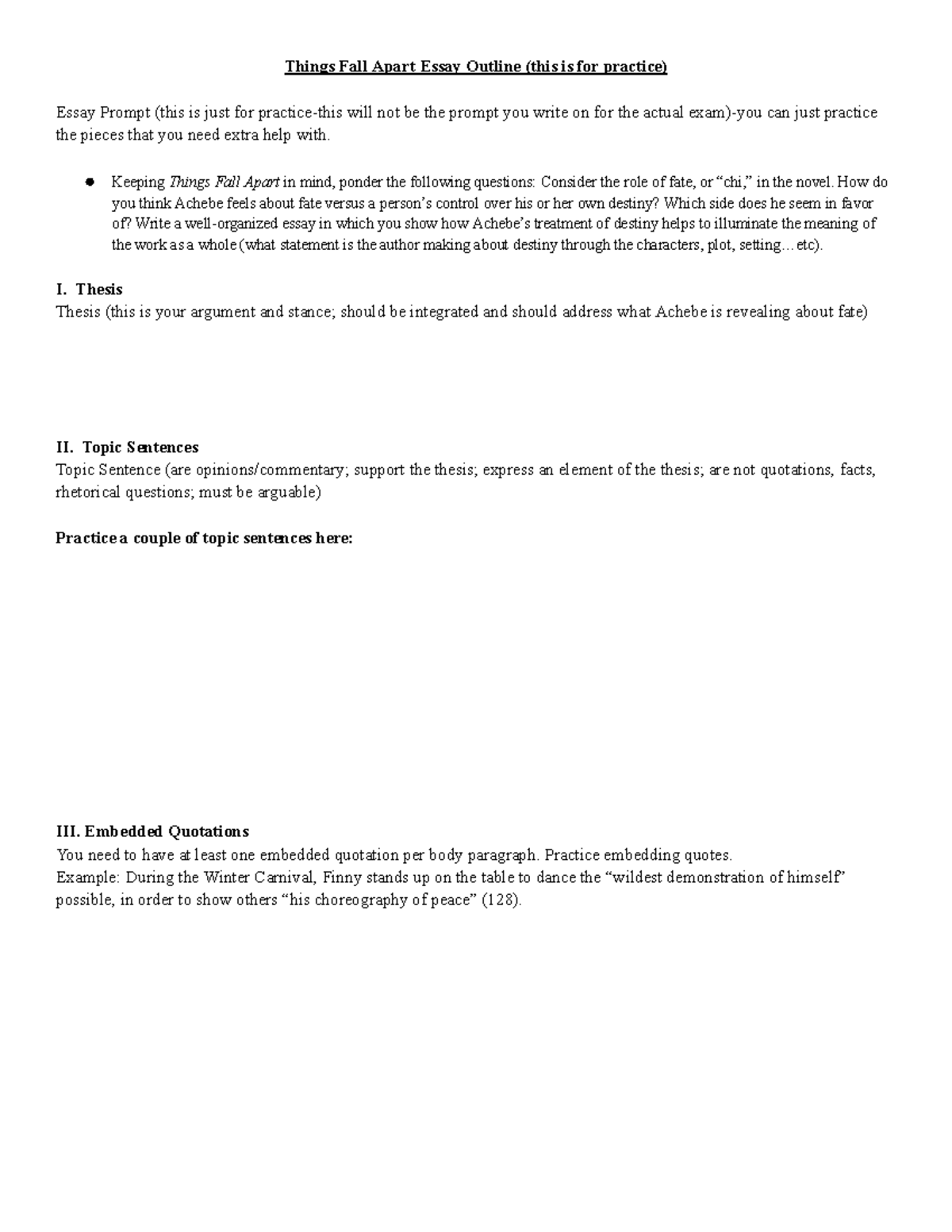 Things Fall Apart Essay Outline Practice: Exploring Fate and Destiny ...