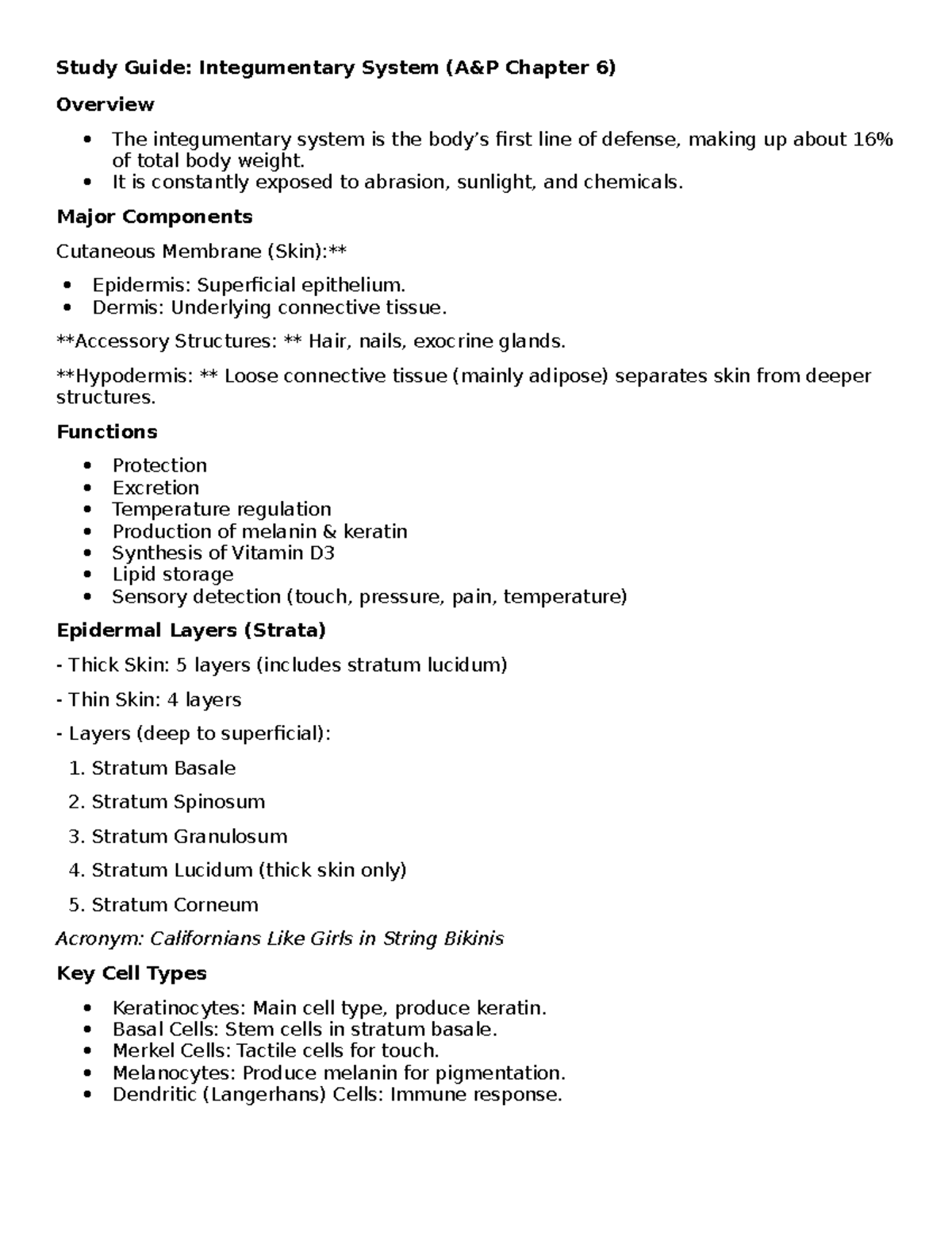 Study Guide: Integumentary System Overview (A&P Chapter 6) - Studocu