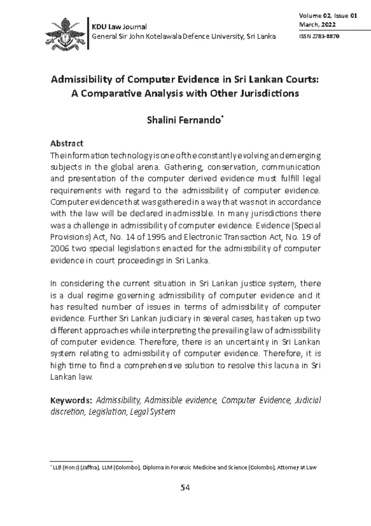 KDU Law Journal: Vol 02, Issue 01 - Analysis of Computer Evidence in SL ...