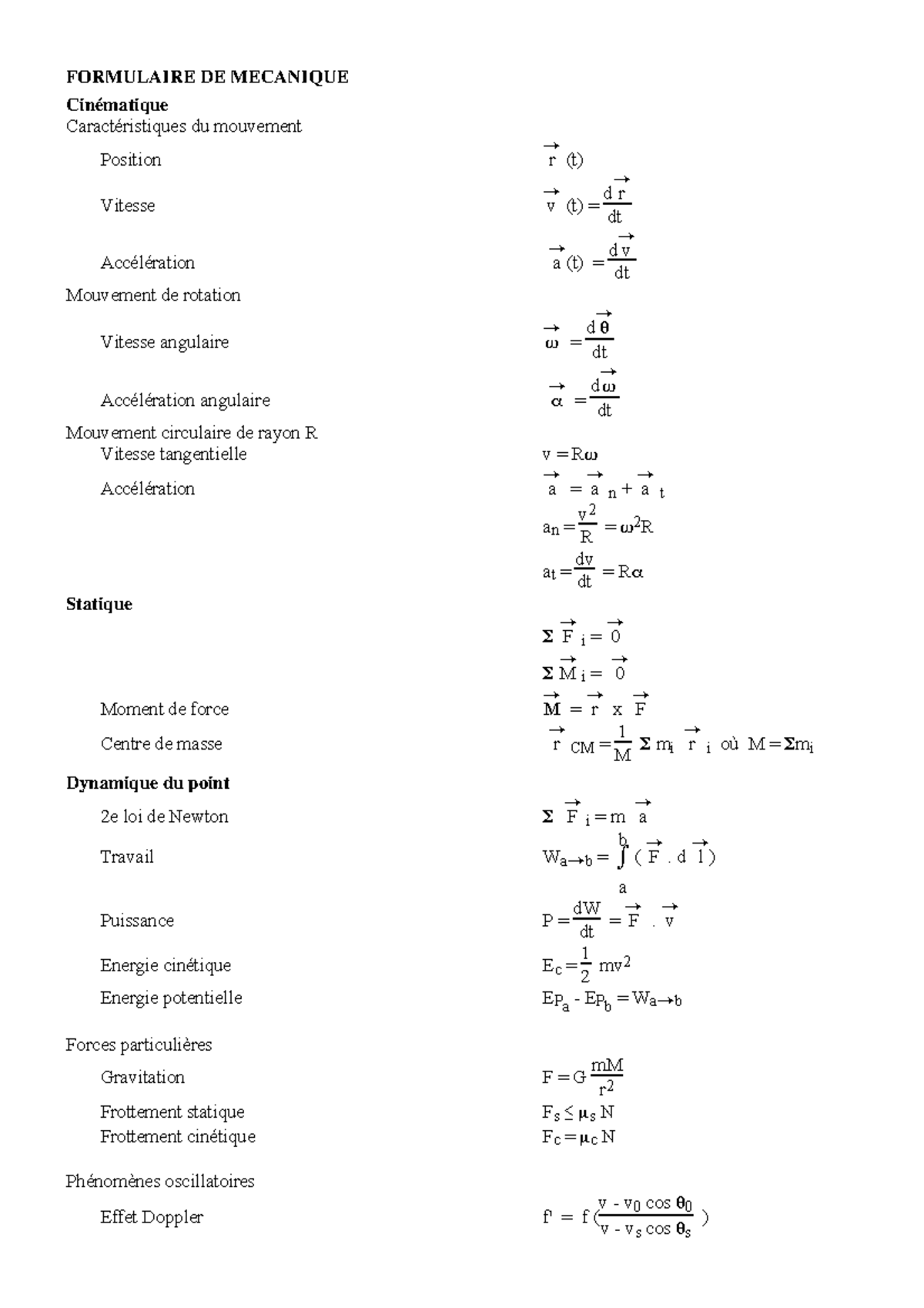 Formulaire physique 1 - FORMULAIRE DE MECANIQUE Cinématique Caractéristiques du mouvement ...