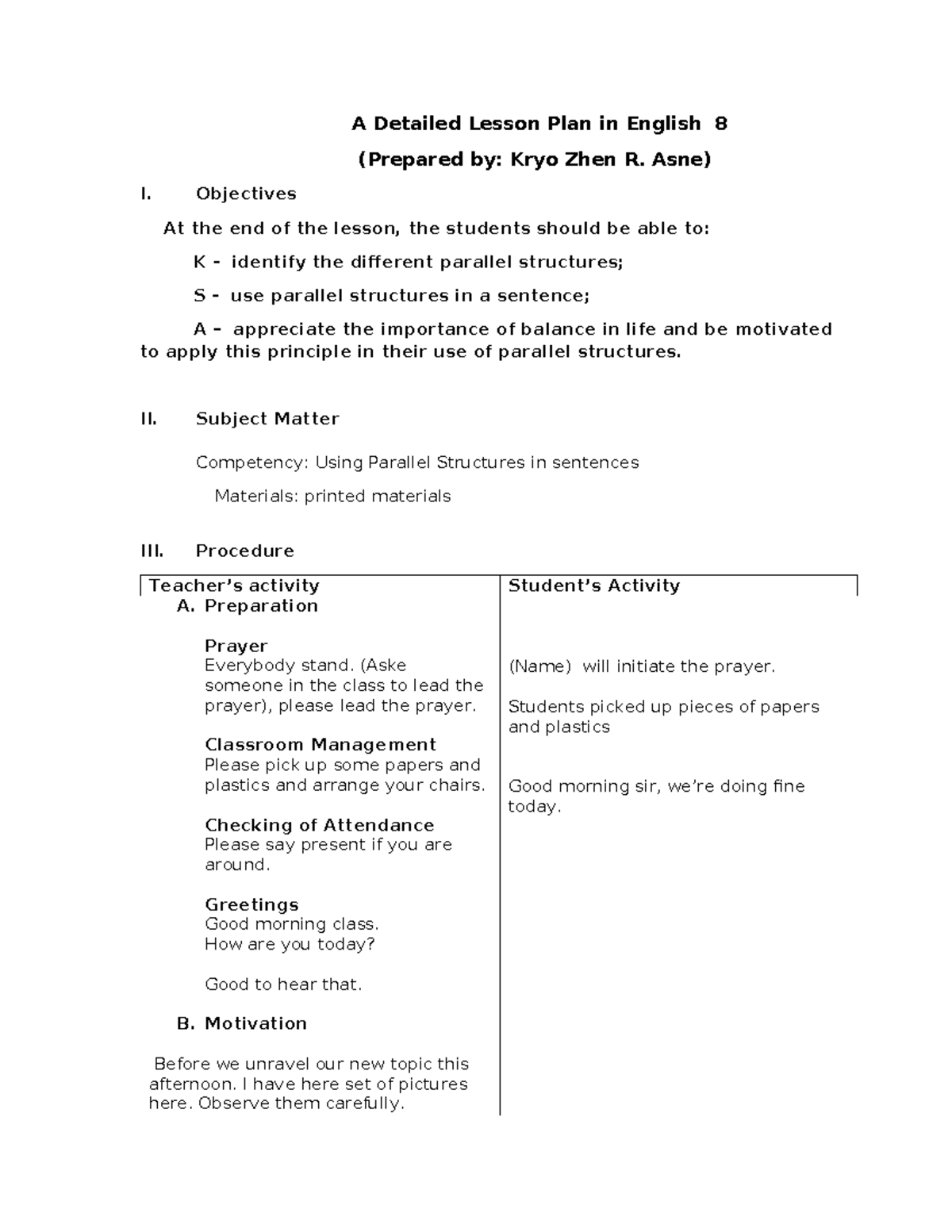SAA (English 8 LP) - Detailed Lesson Plan on Parallel Structures - Studocu