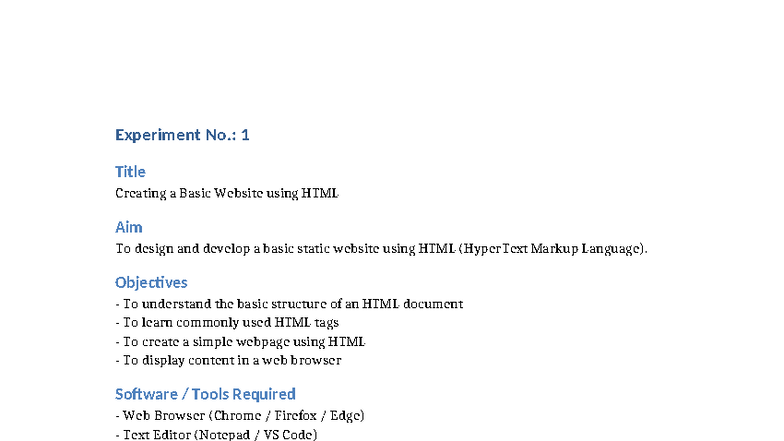 Experiment No. 1: Creating a Basic Website with HTML - Studocu