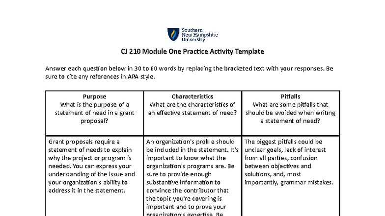 CJ 210 Module 1 Practice Activity: Grant Proposal Essentials - Studocu