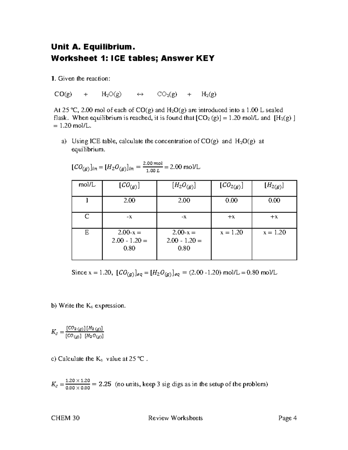 Chem 30 Final Exam: Equilibrium Worksheets with Answer Keys - Studocu