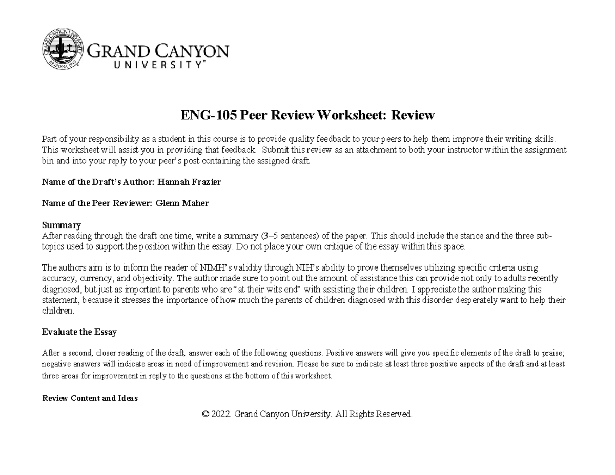 ENG-105 Peer Review Worksheet - Feedback for Frazier's Draft - Studocu