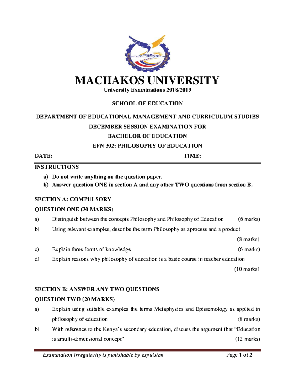 EFN 302: Philosophy of Education - December Exam Questions - Studocu