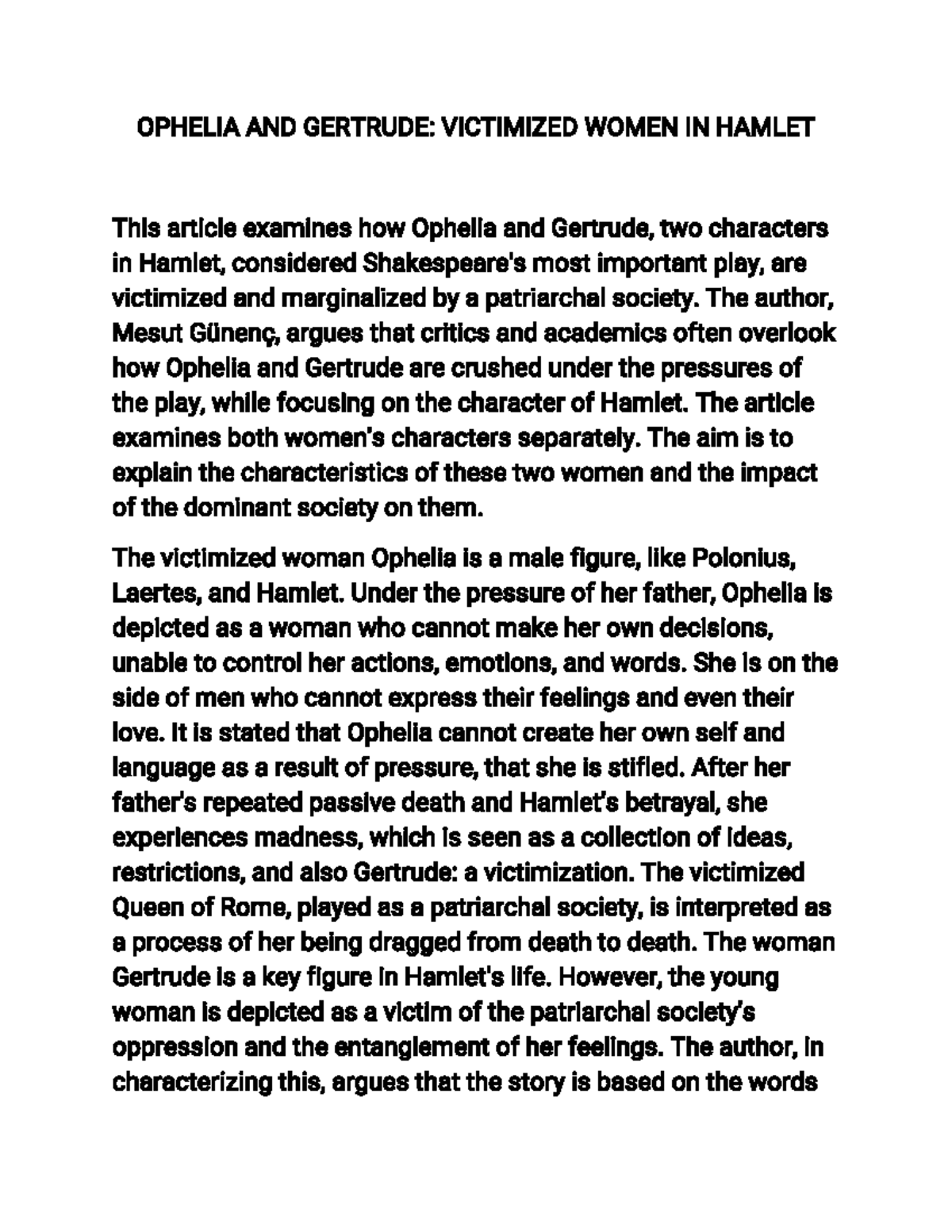 Victimized Women in Hamlet: Ophelia & Gertrude Analysis - Studocu
