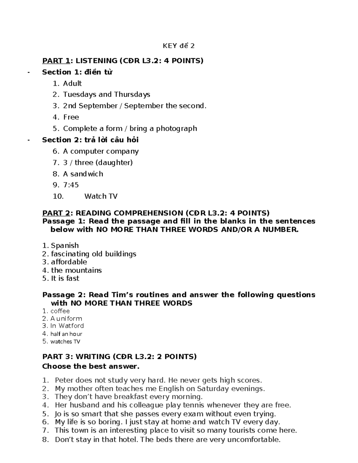 KEY Sample TEST (CĐR L3.2 & CĐR L2): Listening & Reading Comprehension ...