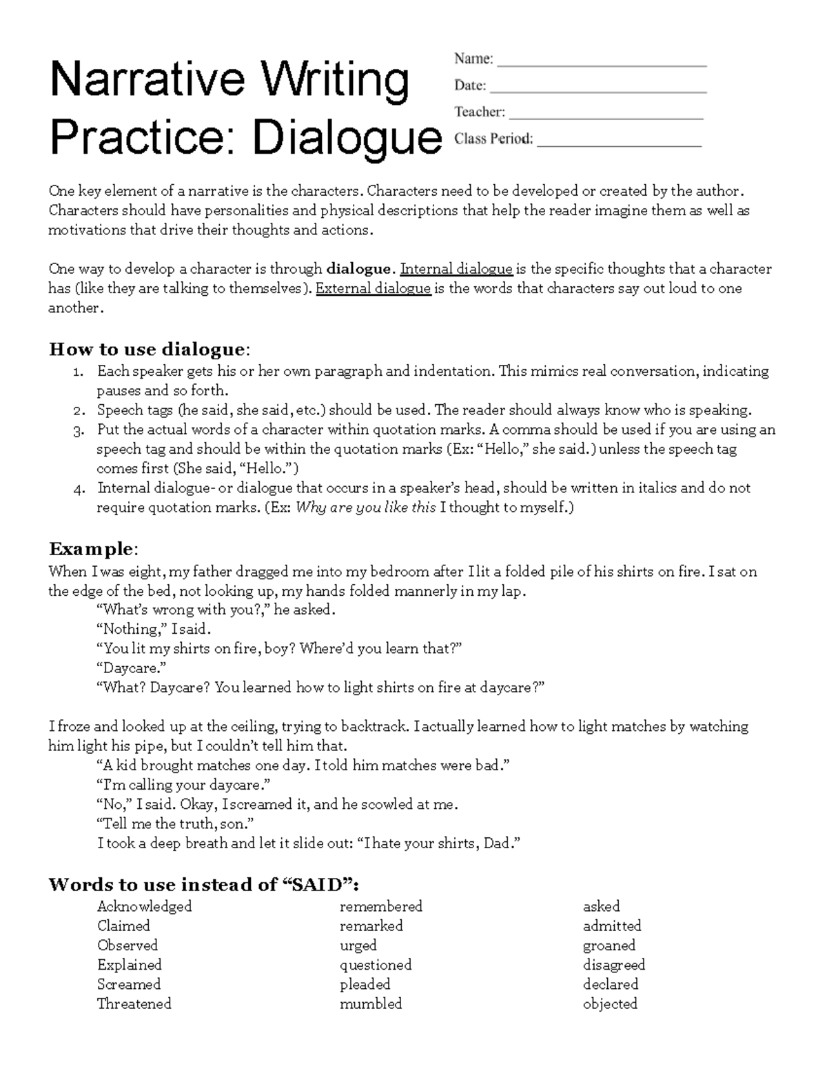 Dialogue Practice - Dezmond Otis Narrative Techniques and Activities ...