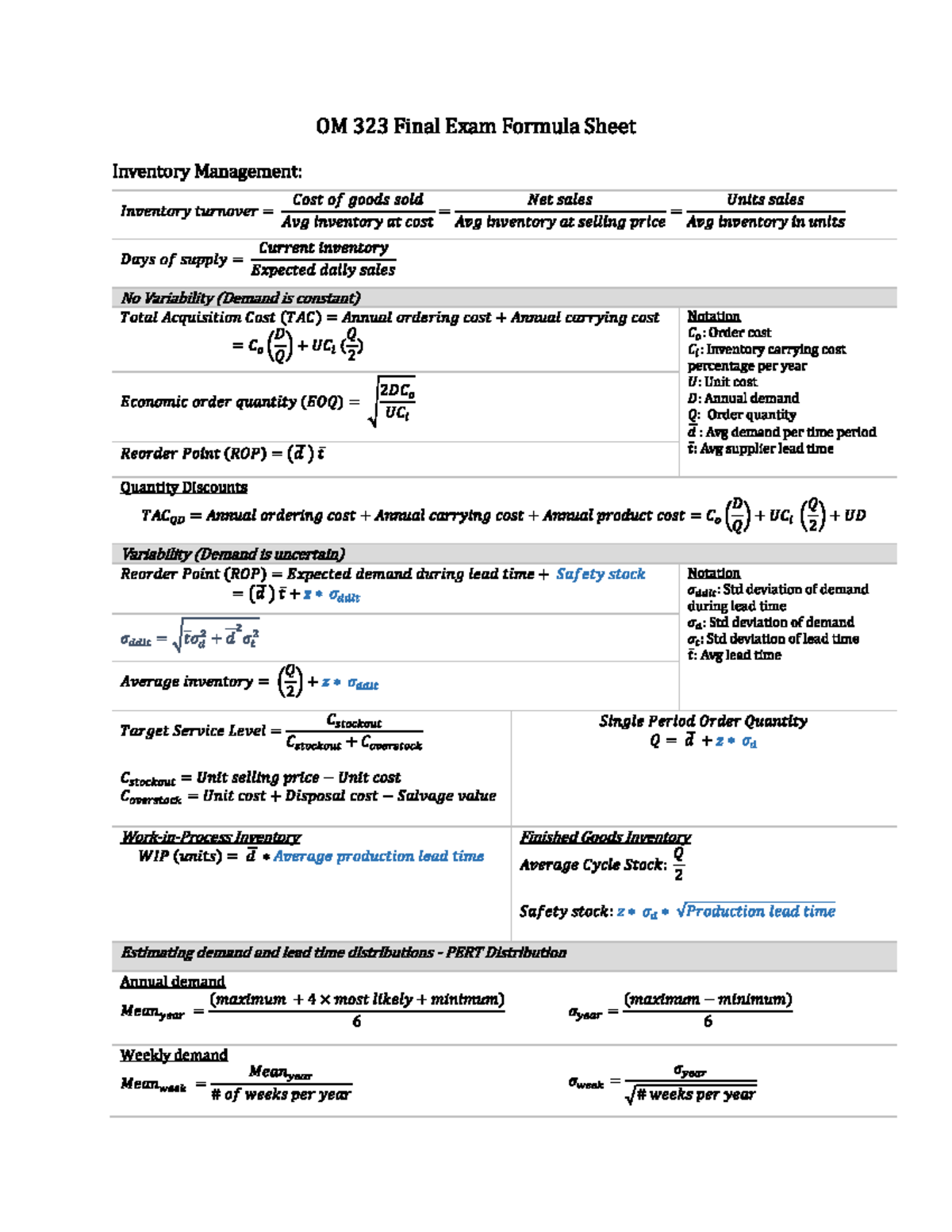 Om323 final exam formula sheet - OM 323 Final Exam Formula Sheet ...