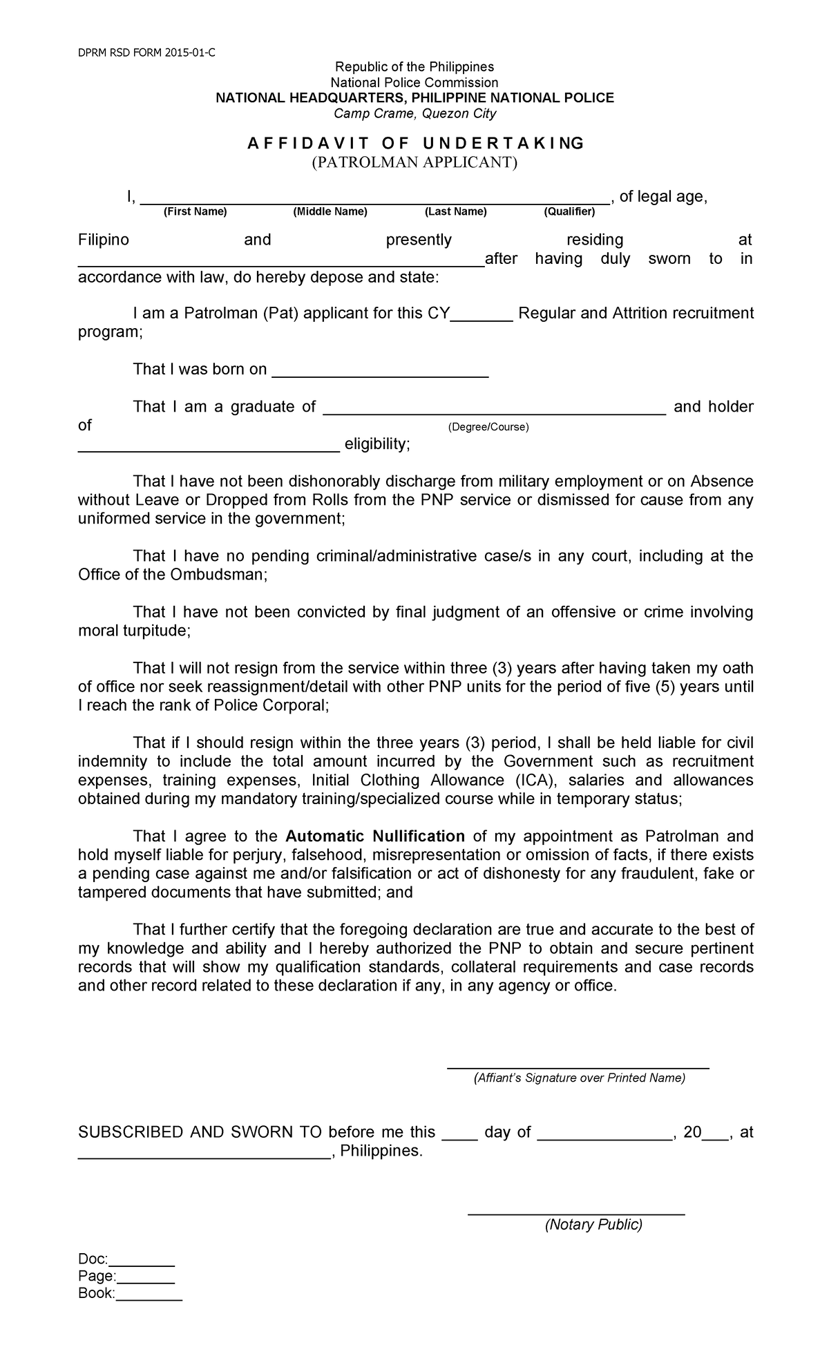 DPRM RSD FORM 2015-01-C: Affidavit of Undertaking for Patrolman ...