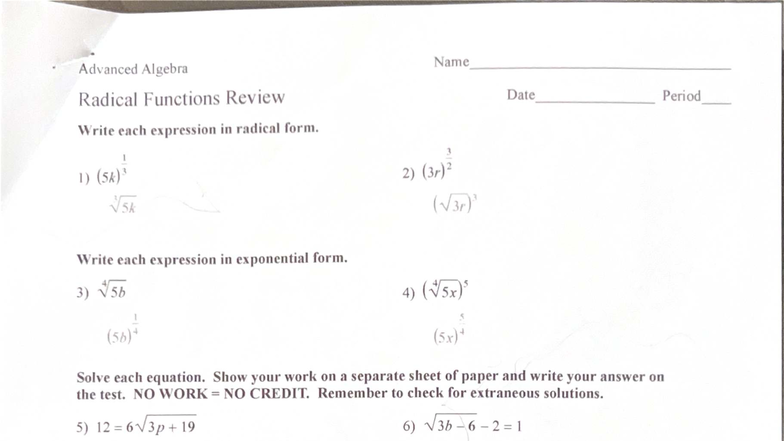Advanced Algebra Review: Radical Functions & Exponential Forms - Studocu