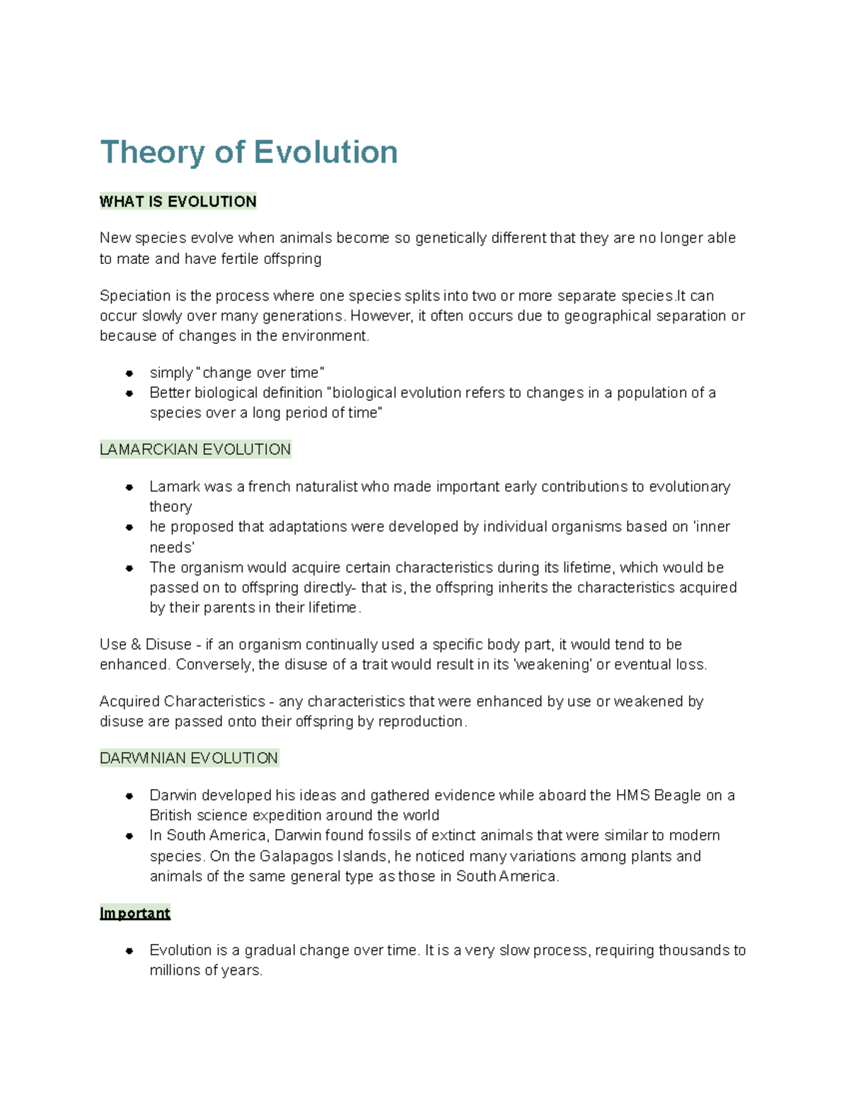 Biology Notes: Theory of Evolution and Speciation Concepts - Studocu