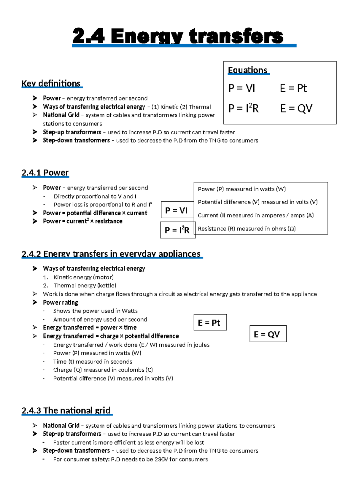 2.4 Energy Transfers - AQA GCSE Physics Topic 2: Electricity Notes ...