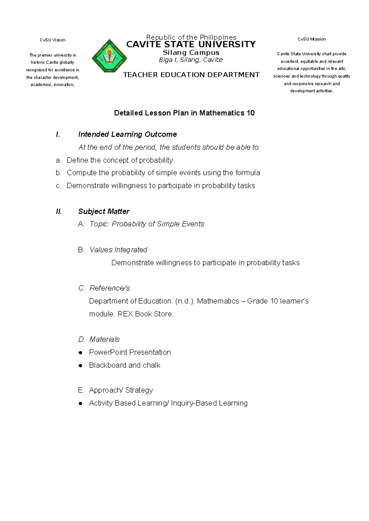 Detailed Lesson Plan in Mathematics 10: Probability Concepts and ...