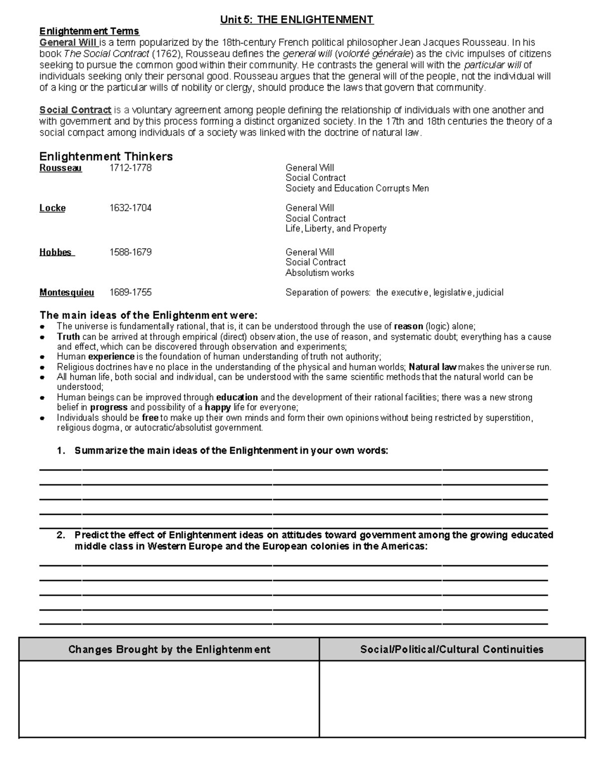Unit 5 Enlightenment Handout - Unit 5: THE ENLIGHTENMENT Enlightenment ...