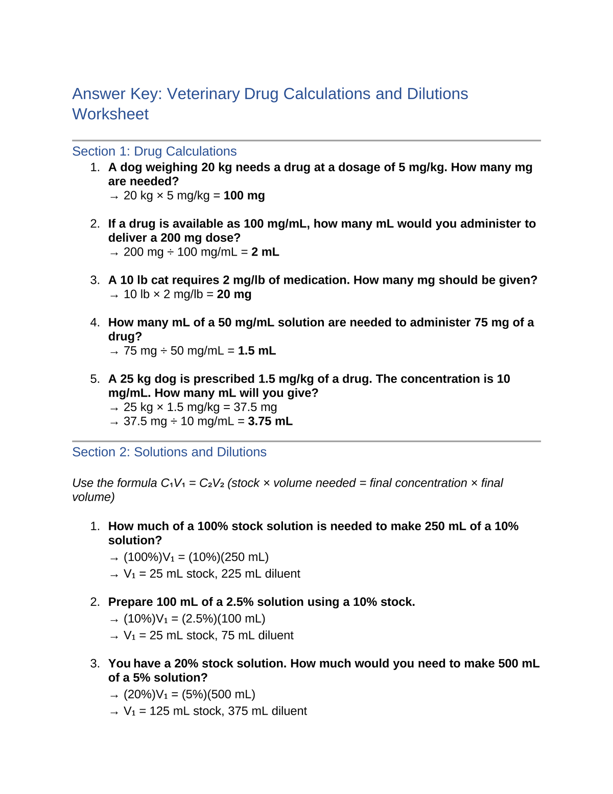 Answer Key: Vet Drug Calculations & Dilutions Worksheet - Studocu