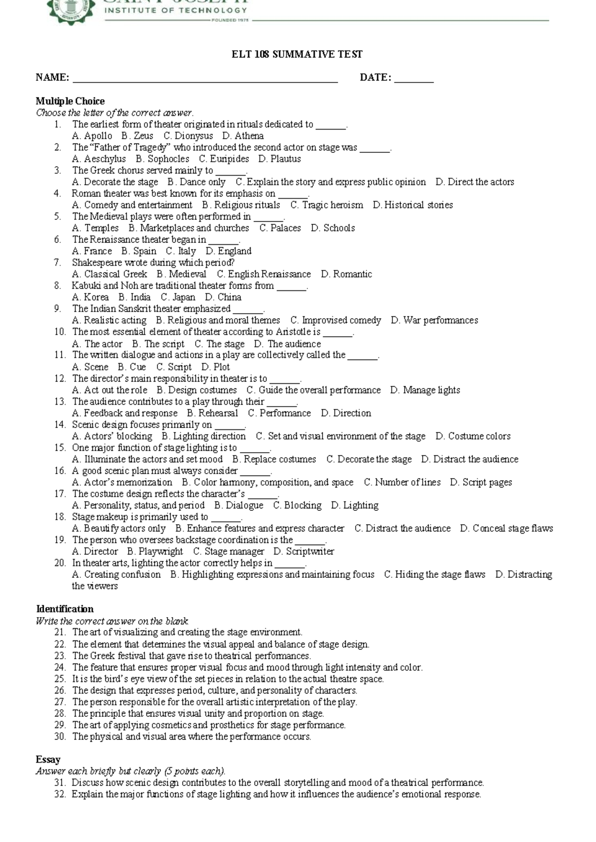 ELT 108 Summative Test: Theater Arts Multiple Choice & Essay Questions ...