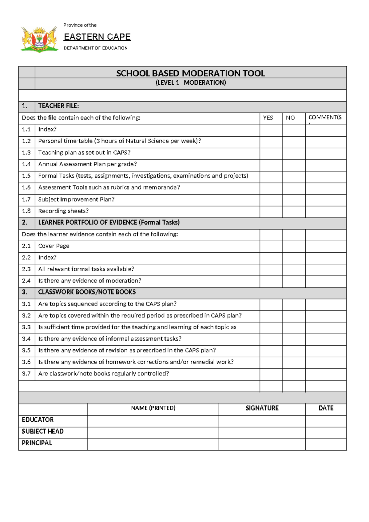 Eastern Cape School Based Moderation Plan (Level 1 Assessment Tool ...
