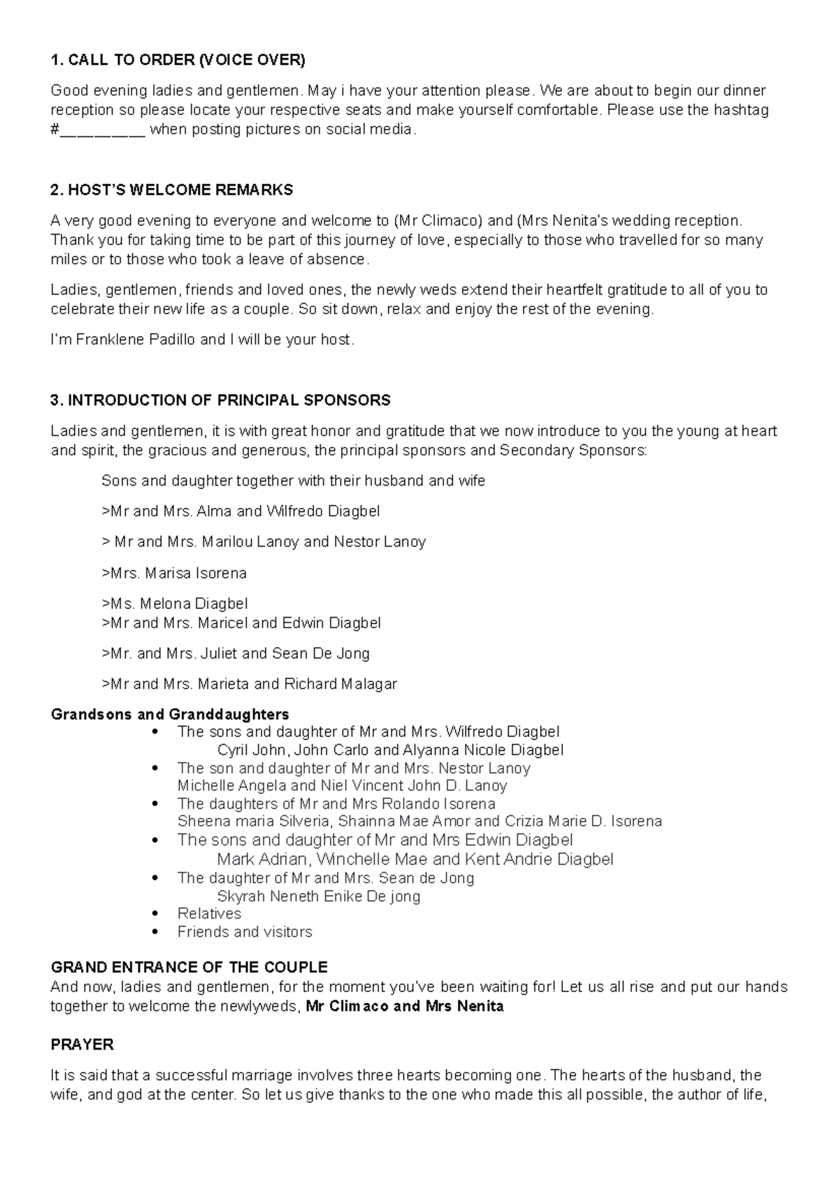 Golden wedding script - 1. CALL TO ORDER (VOICE OVER) Good evening ...