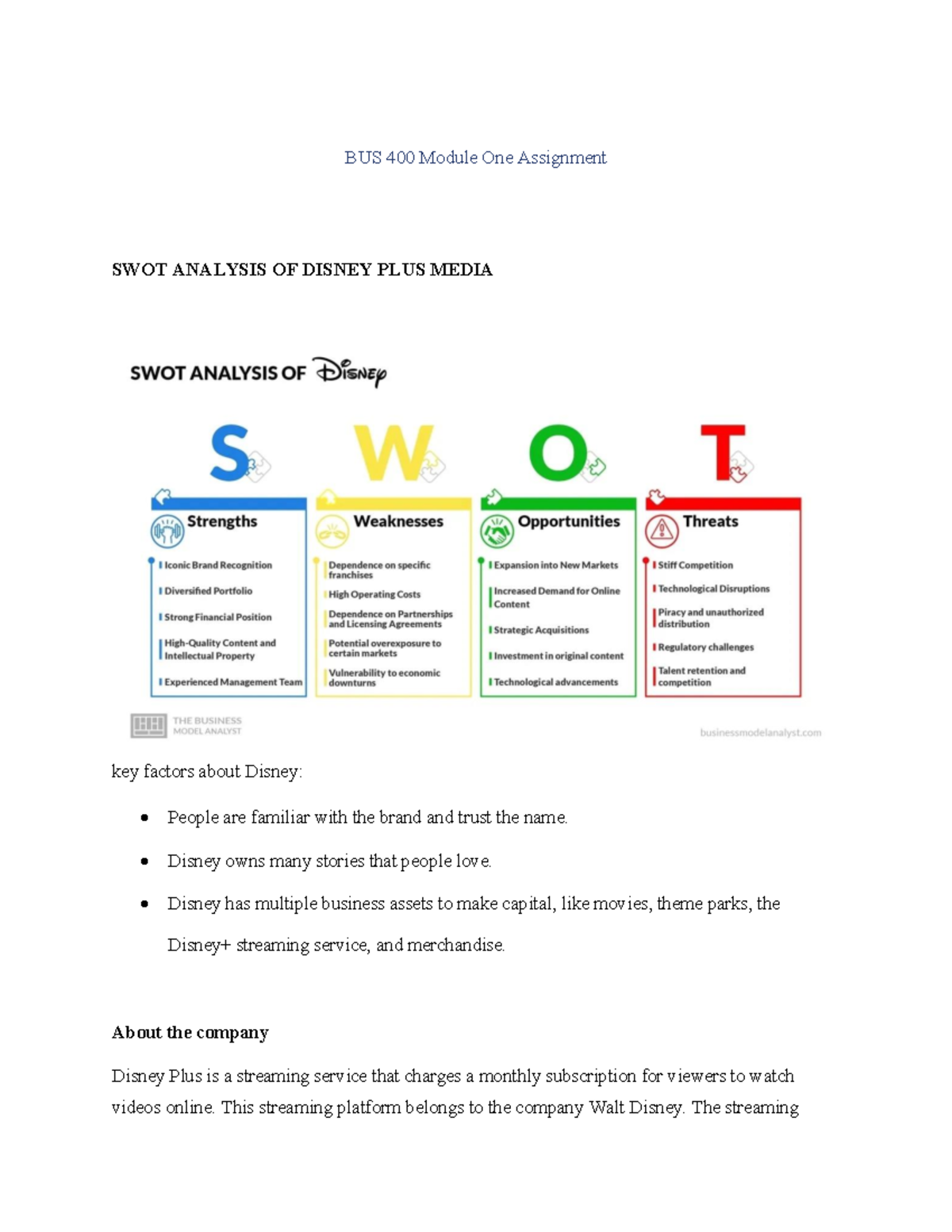 BUS 400 Module One Assignment: SWOT Analysis of Disney Plus Streaming ...