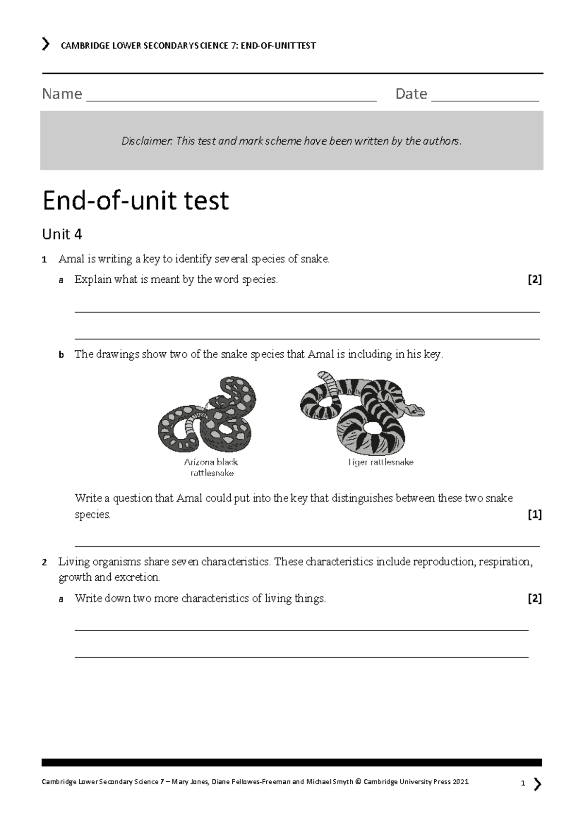 S7 End-of-Unit Test 4 - Cambridge Lower Secondary Science 7 - Studocu