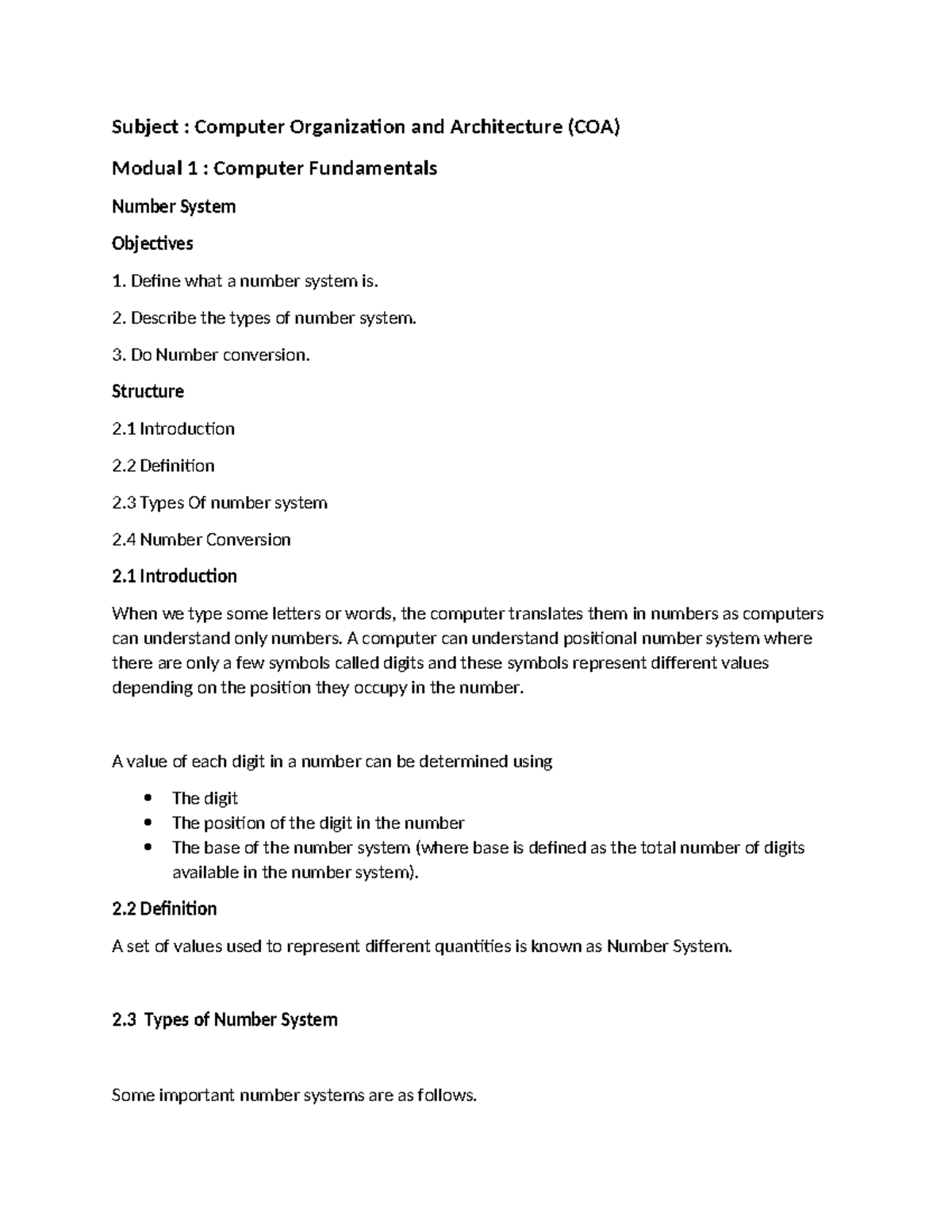 Number System Lecture Notes for COA 8086 Architecture - Studocu