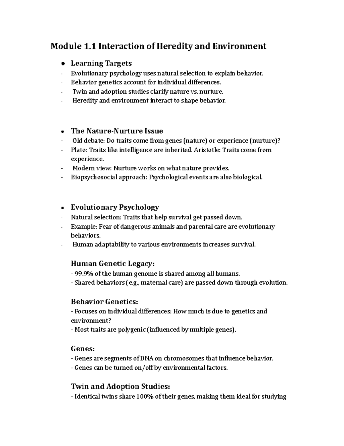 Psychology 101 Module 1: Interaction of Heredity & Environment Notes ...