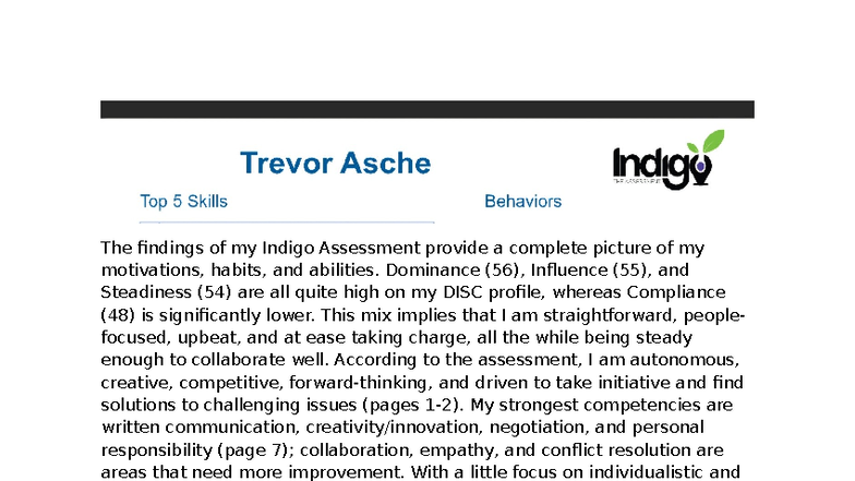 Indigo Assessment Results: Insights on My Motivations & Abilities - Studocu