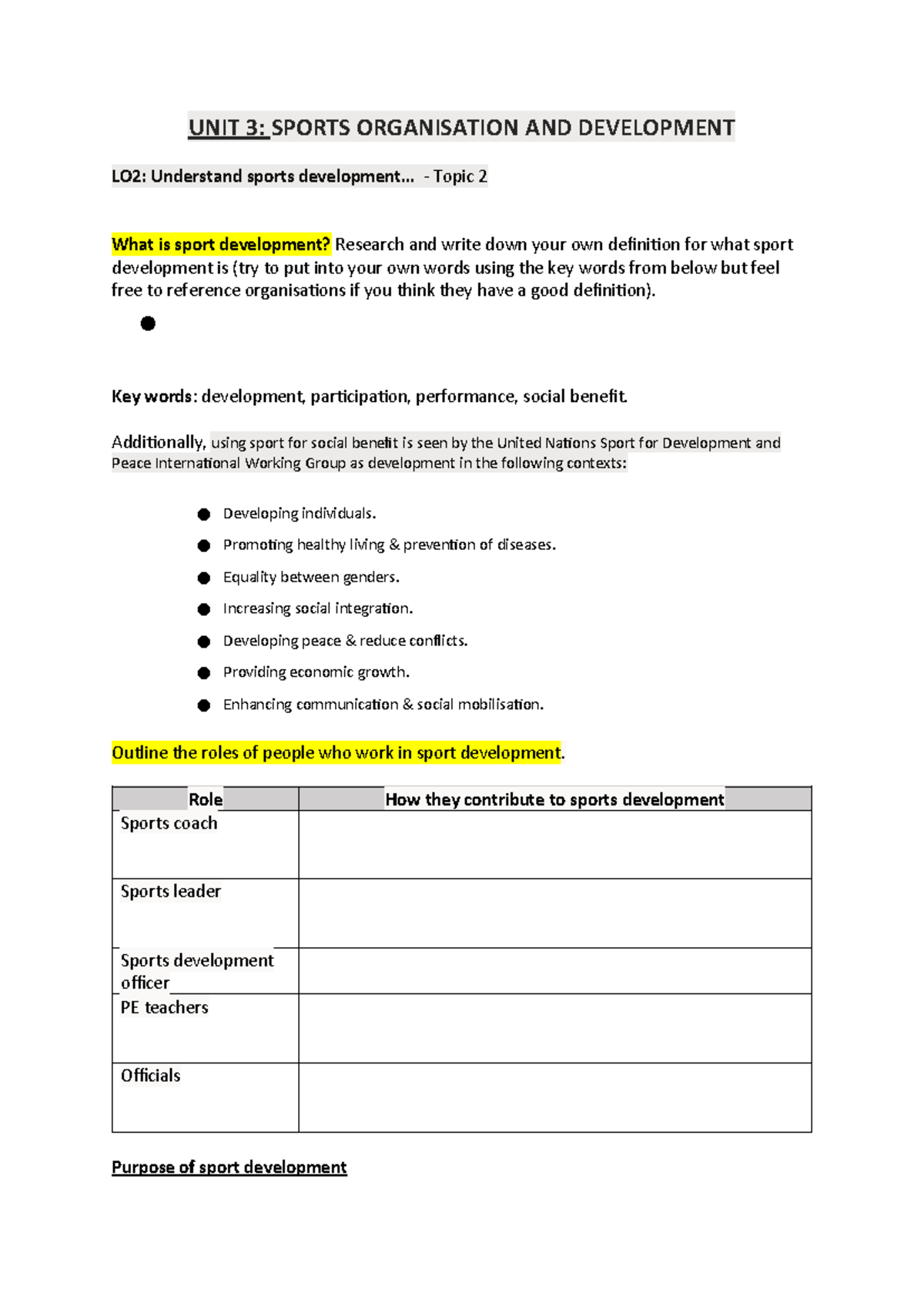 Unit 3: LO2 Workbook on Sports Development and Participation - Studocu