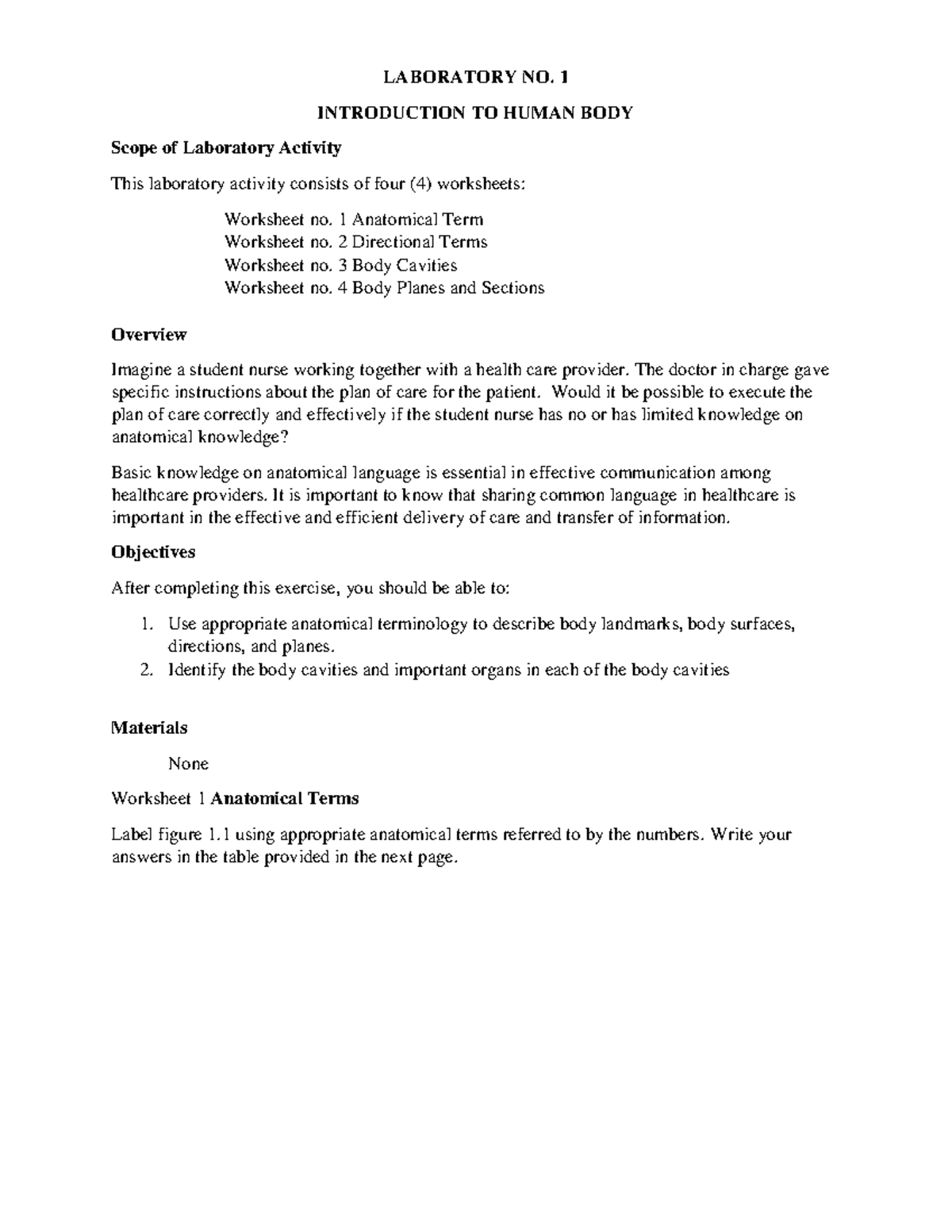 Anaphy Worksheets.pdf - LABORATORY NO. 1 INTRODUCTION TO HUMAN BODY ...