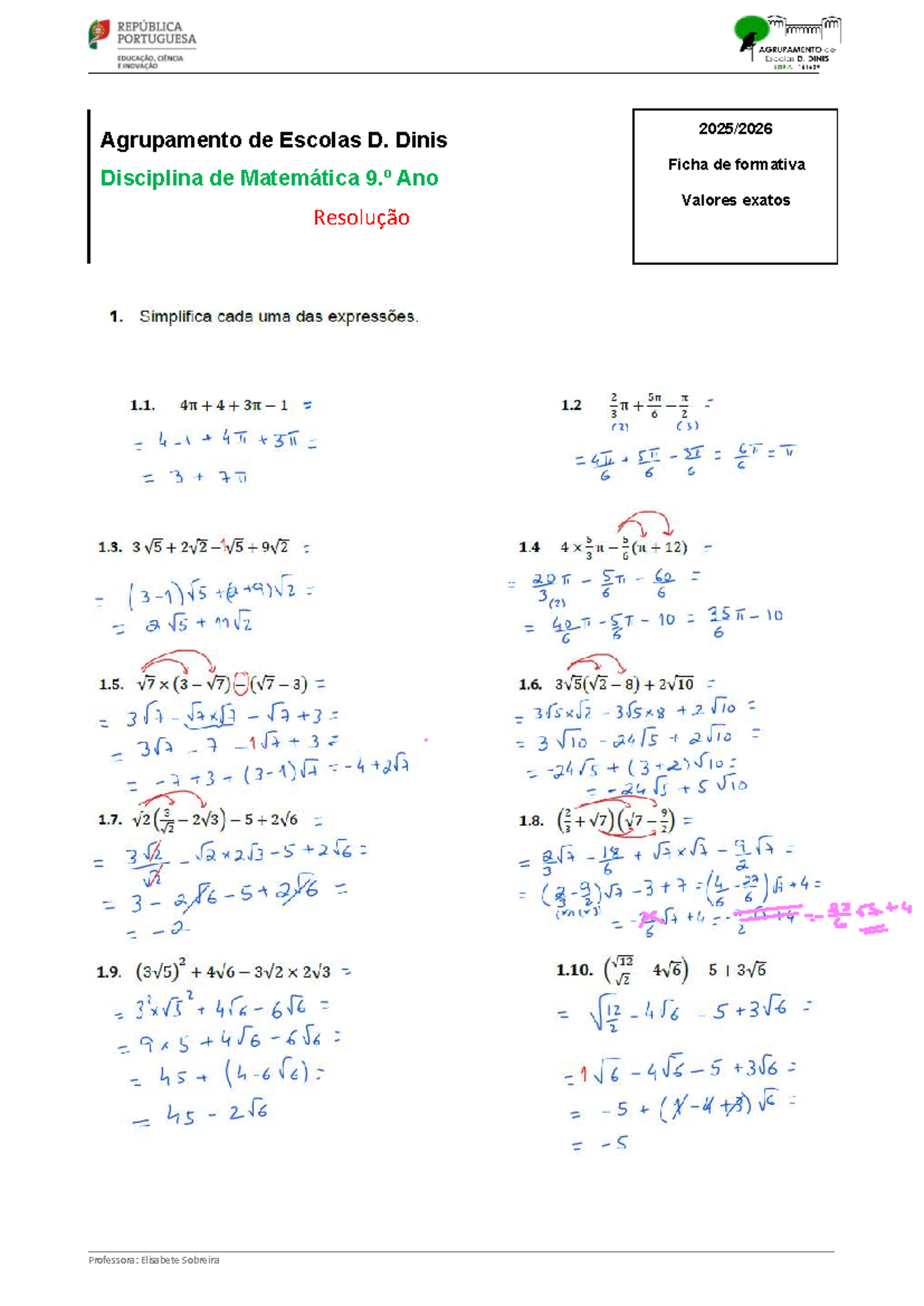 Mathematics 9th Grade Formative Assessment on Exact Values - 2025/2026 ...