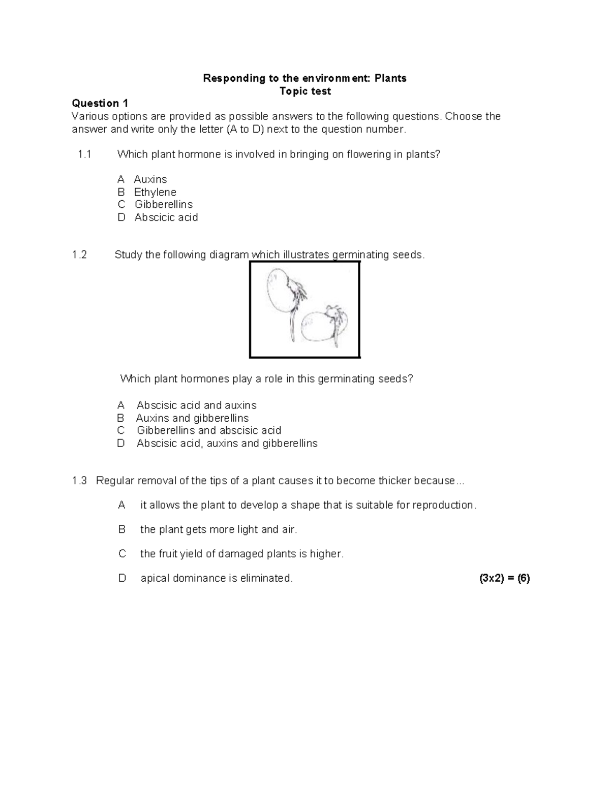 Plants Topic Test: Understanding Hormones and Growth Responses - Studocu