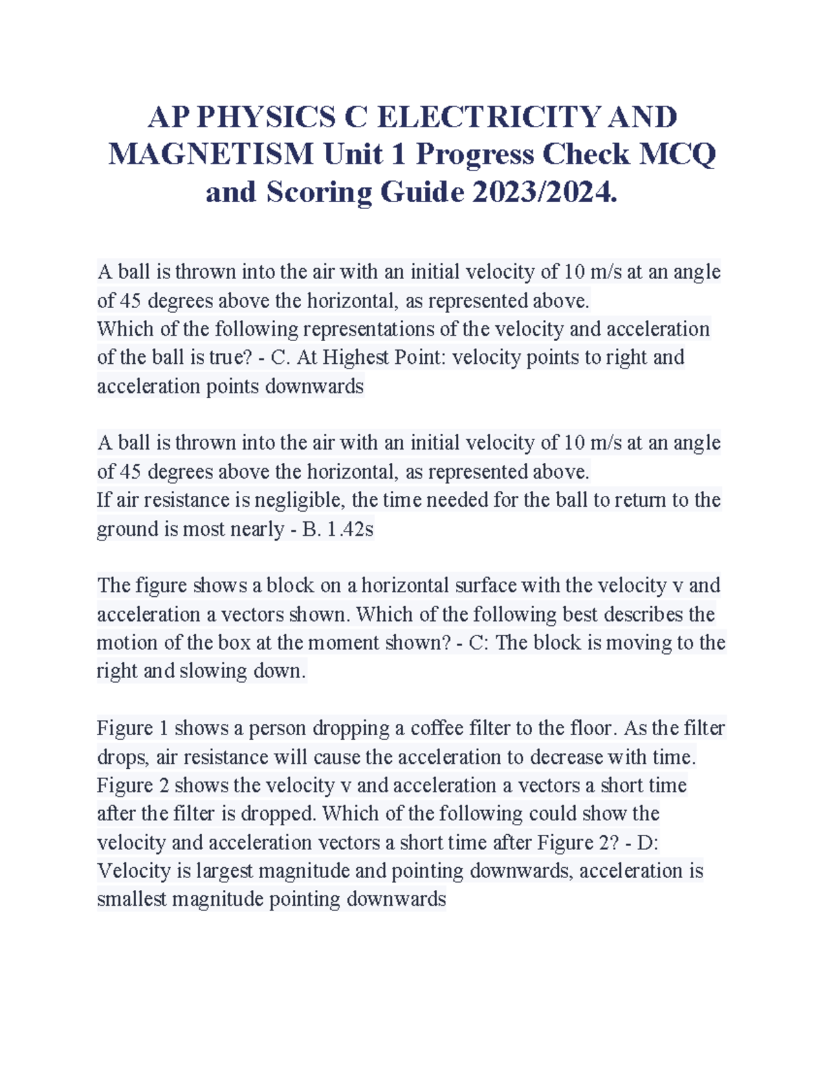 AP Physics C: E&M Unit 1 MCQ Progress Check & Scoring Guide 2023/24 ...