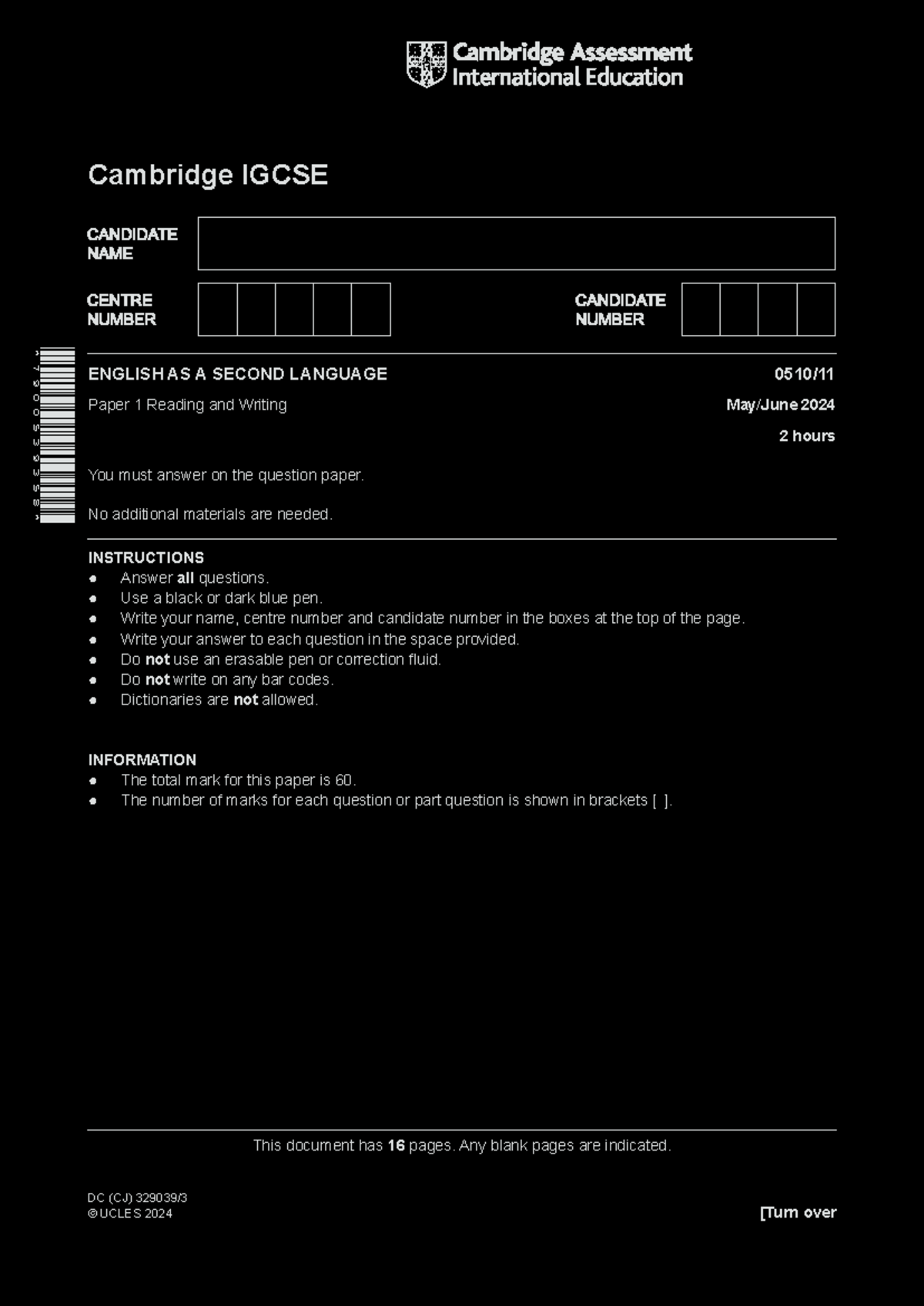 Cambridge 7 9 0 0 5 3 9 3 5 8 ESL Paper 1 Reading & Writing Past Paper ...