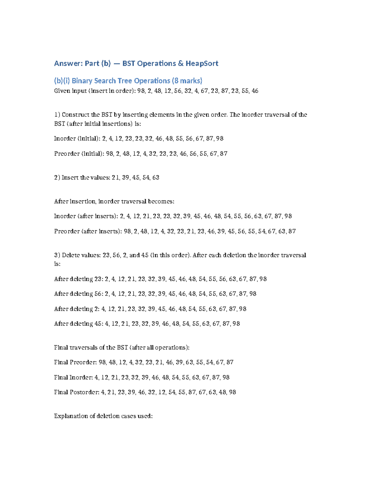 BST and HeapSort Operations: Detailed Solutions (CS101) - Studocu
