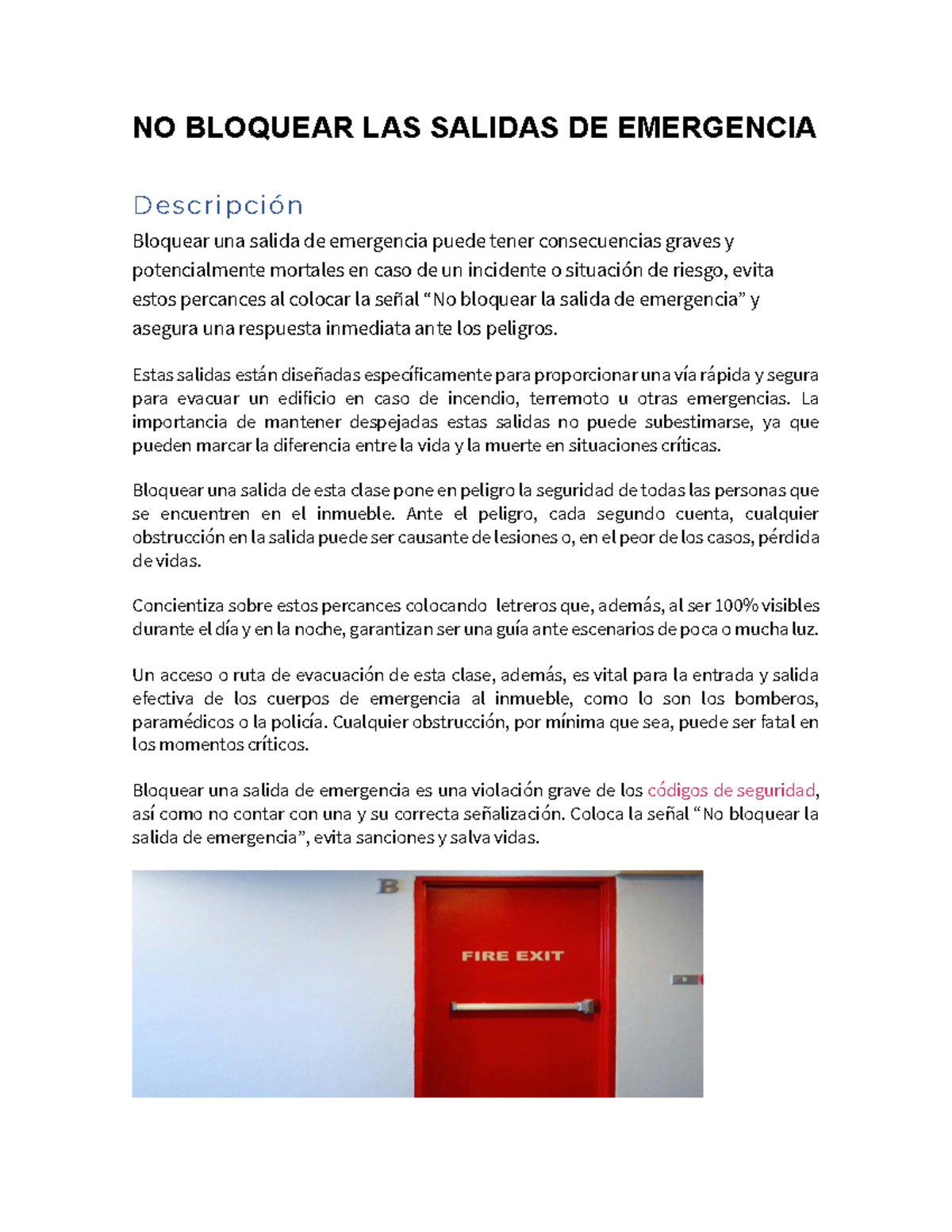 NO Bloquear LAS Salidas DE Emergencia - NO BLOQUEAR LAS SALIDAS DE ...