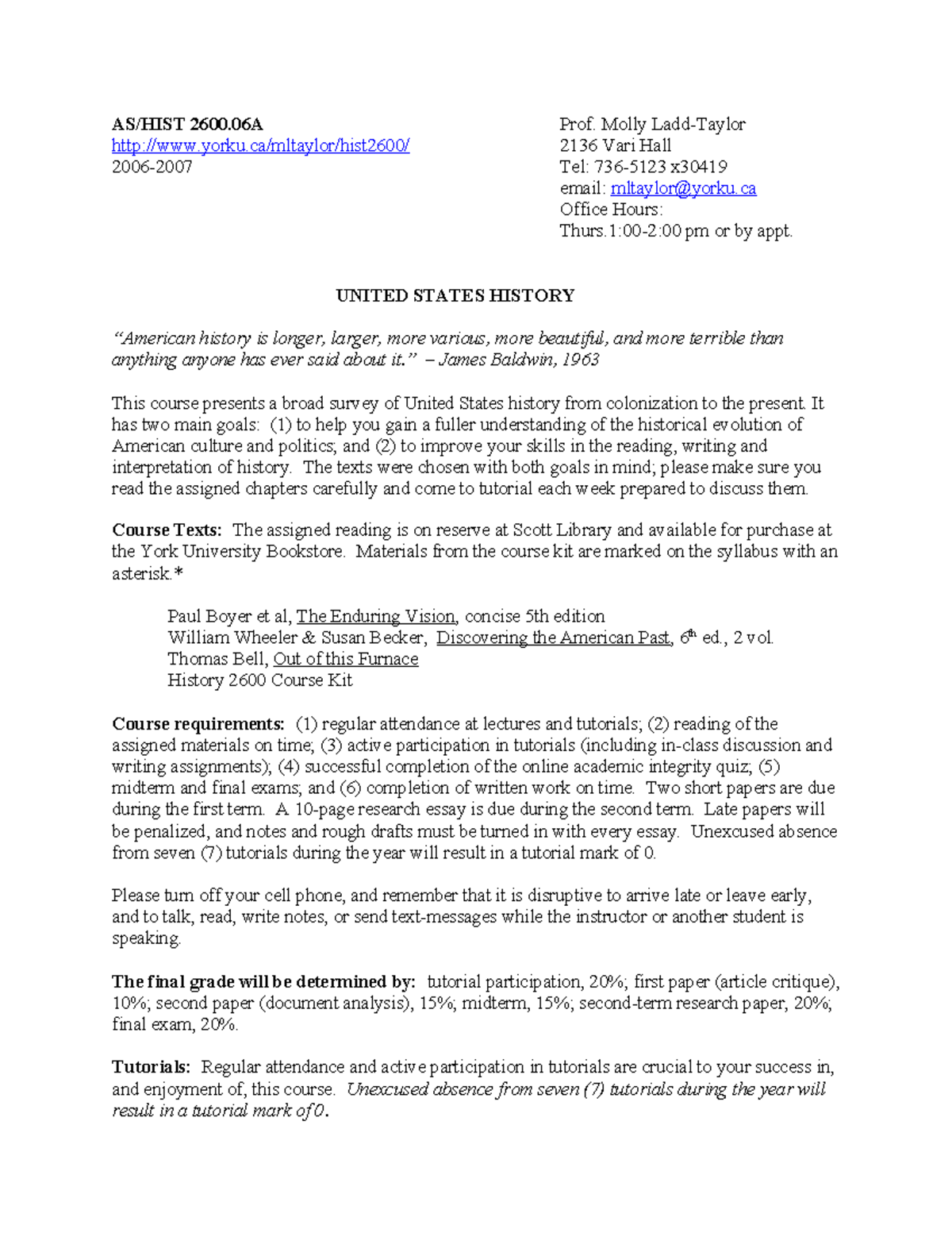 History 2600: United States History Syllabus & Course Outline - Studocu
