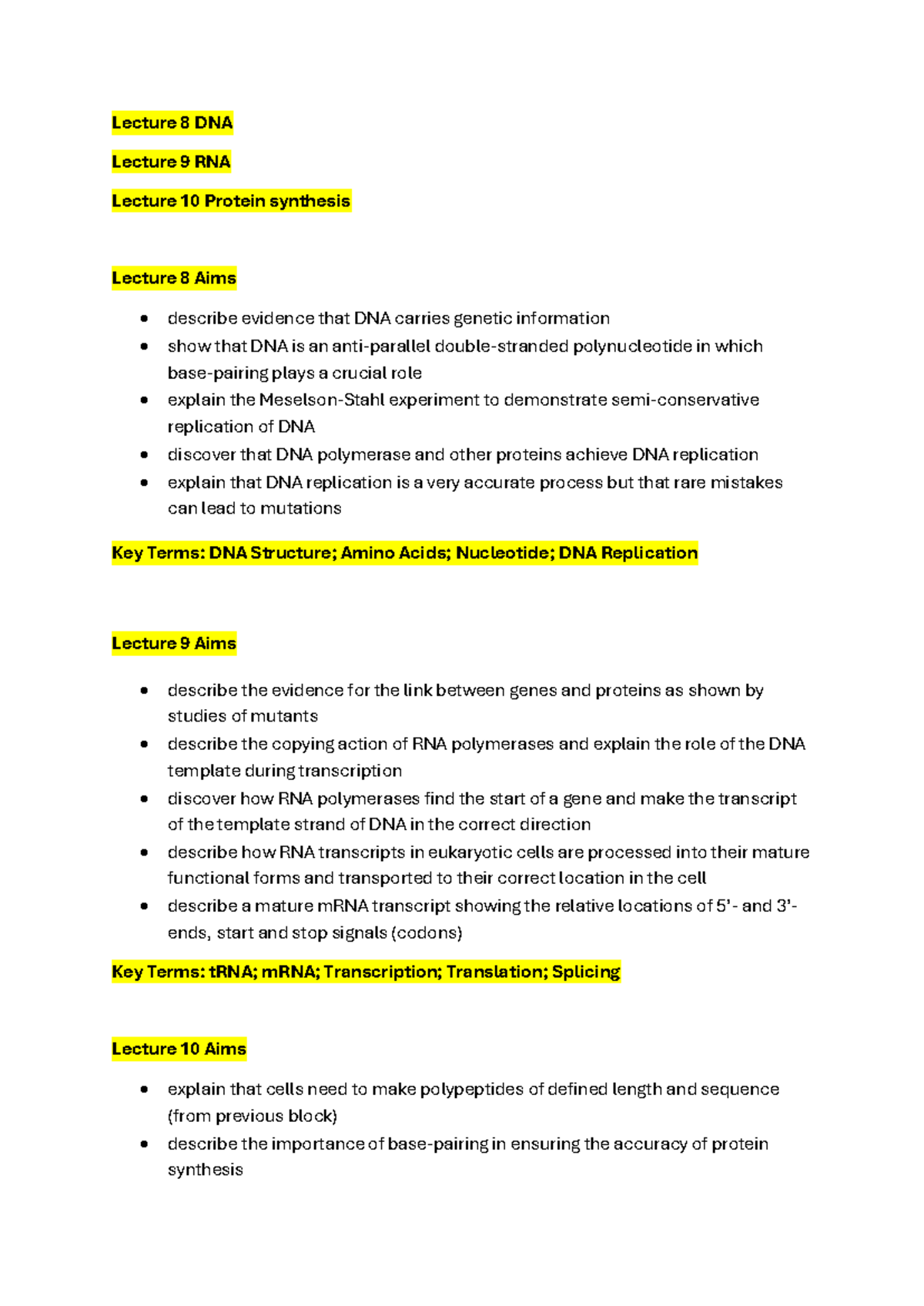 BIO.B L8-10 DNA, RNA & Protein Synthesis Lecture Notes - Studocu