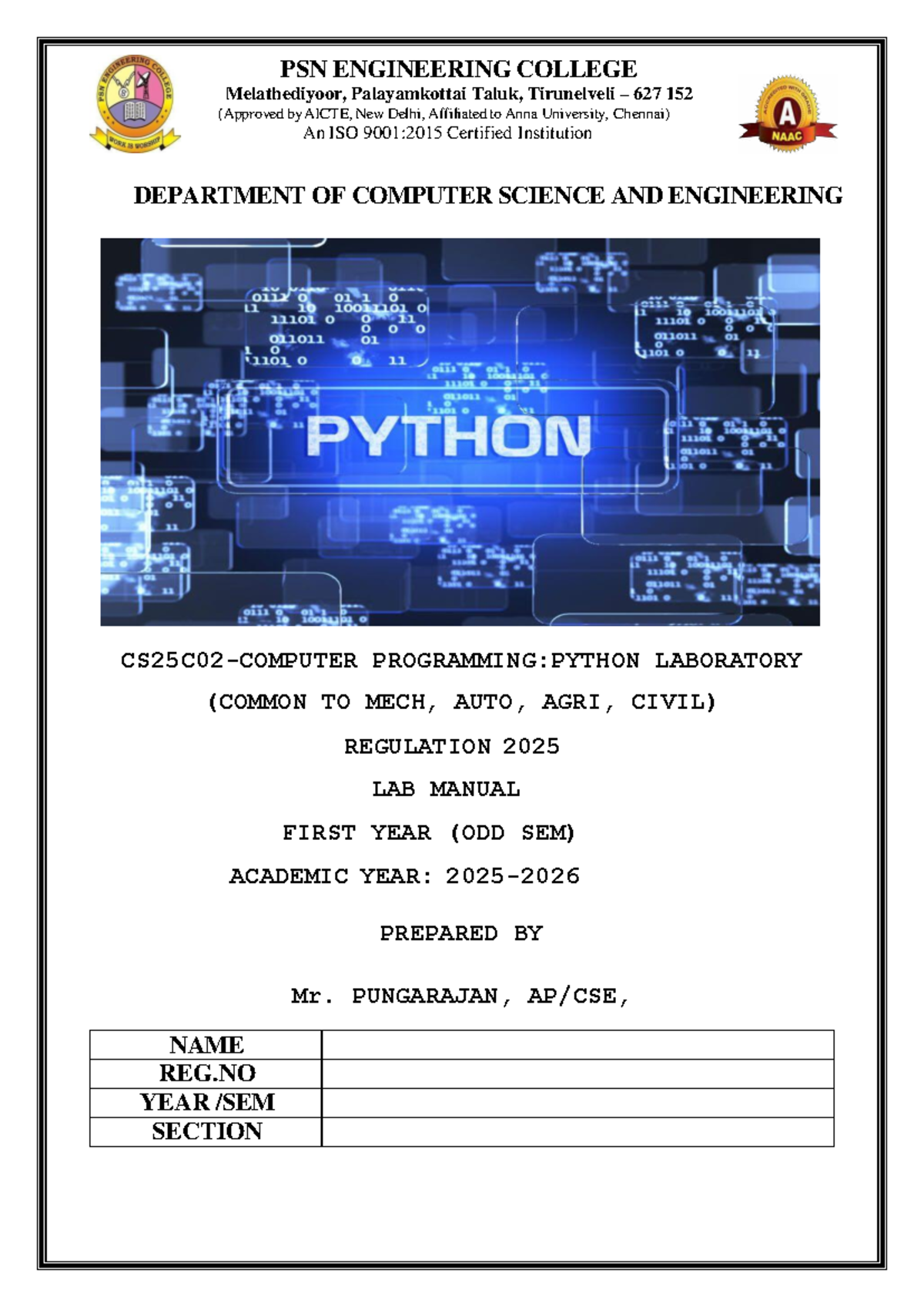 CPP Experiment Merged - CS25C02 Python Programming Lab Manual - Studocu