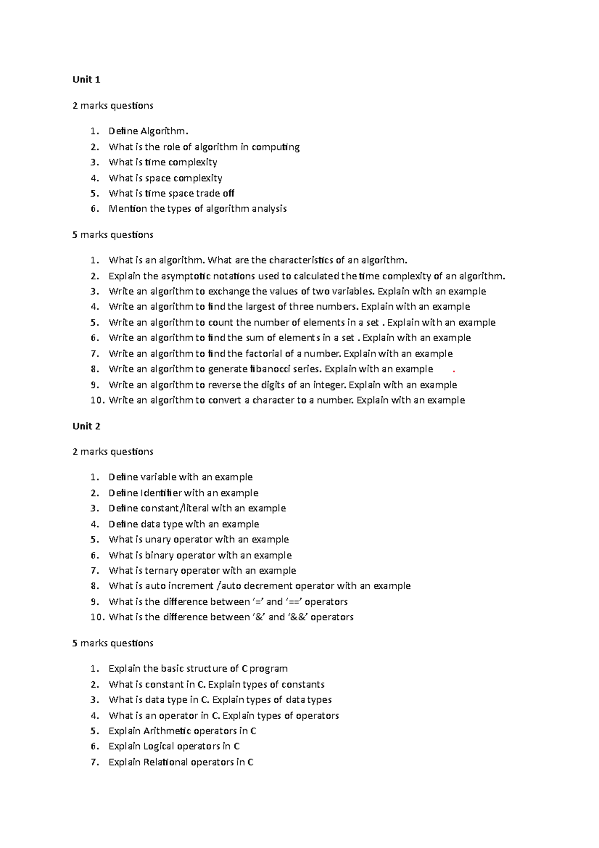 PST question bank - I internals - Unit 1 2 marks questions Define Algorithm. What is the role of ...
