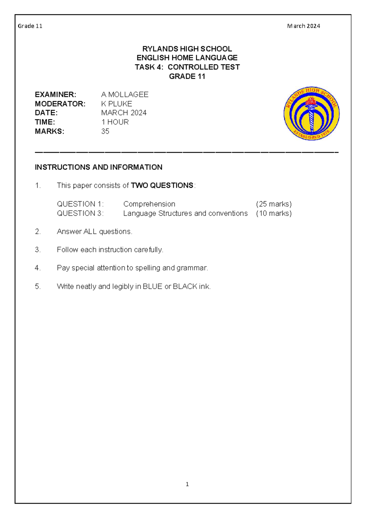 Grade 11 English Home Language Task 4: Controlled Test March 2024 - Studocu