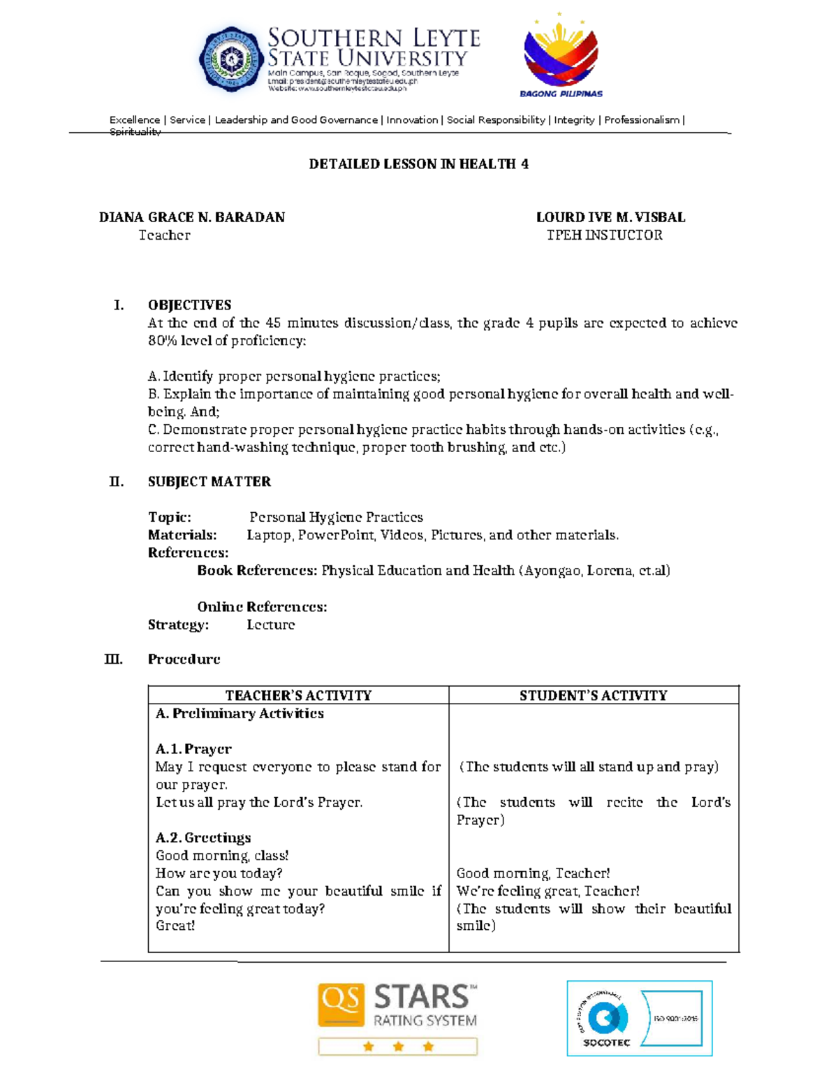 Detailed Lesson Plan in Health 4: Personal Hygiene Practices - Studocu