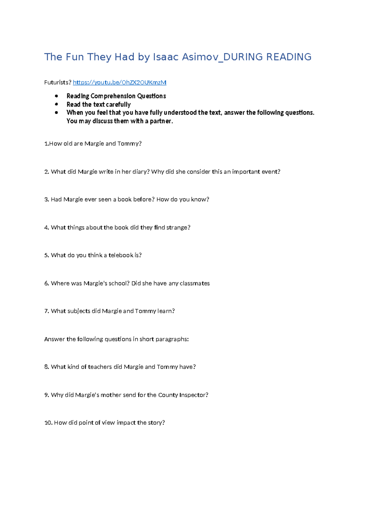 Reading Comprehension Questions for "The Fun They Had" by Asimov ...