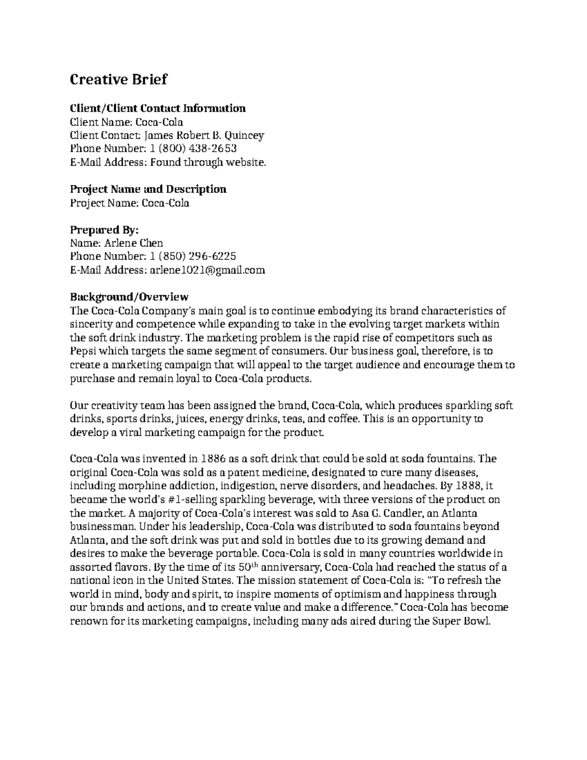 Adv4101 coca cola creative brief - Creative Brief Client/Client Contact ...