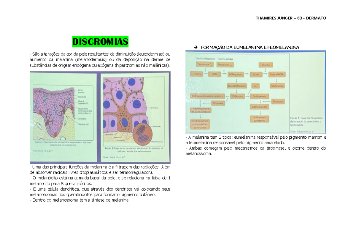 Resumo das Discromias em Dermatologia - Curso DERM123 - Studocu