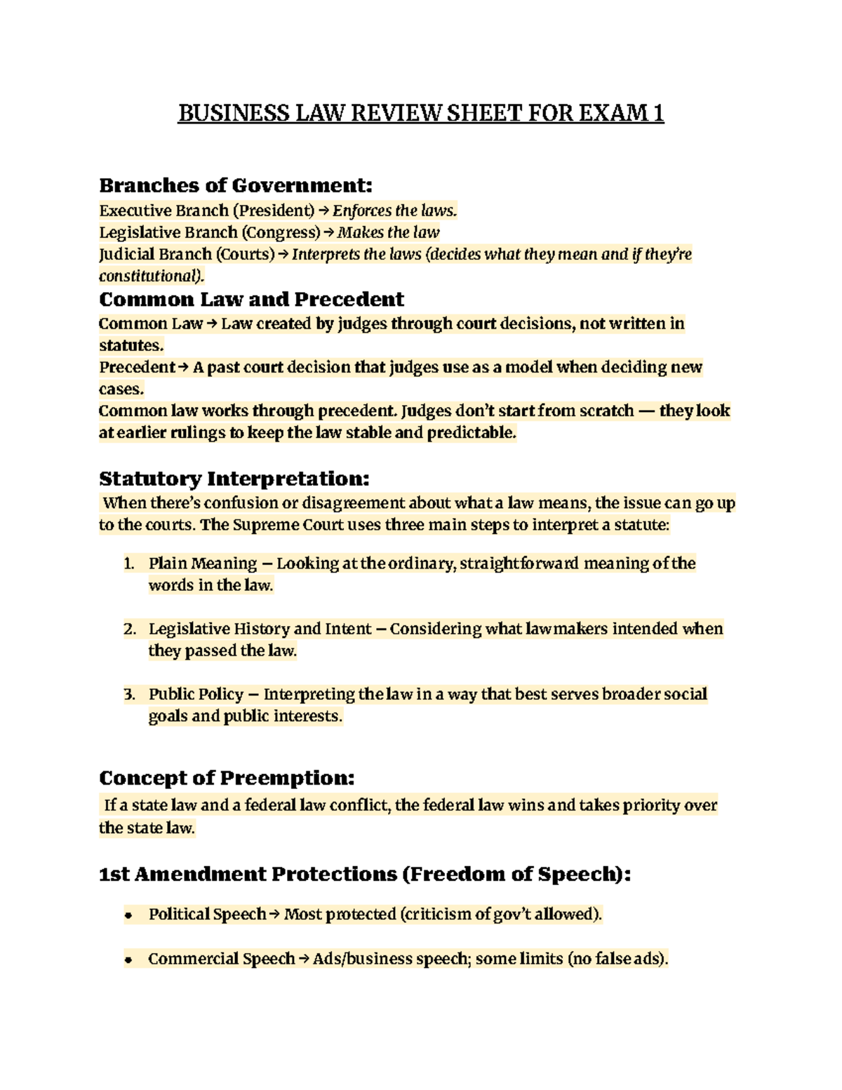 BUSINESS LAW REVIEW SHEET FOR EXAM 1: Key Concepts & Principles - Studocu